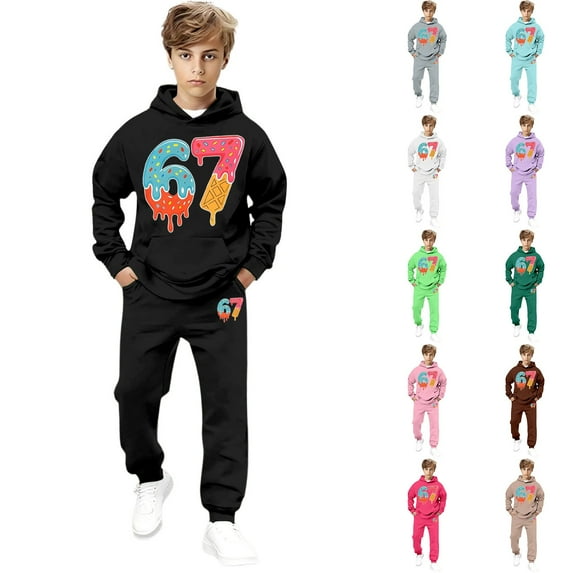 Boys Sweatsuit Cartoon 67 Print Hooded Sweatshirt Jogger Pants Casual ...