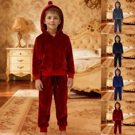 Boys Sweatsuit Velvet Solid Hoodies Jogger Warm Fleece Lined ...