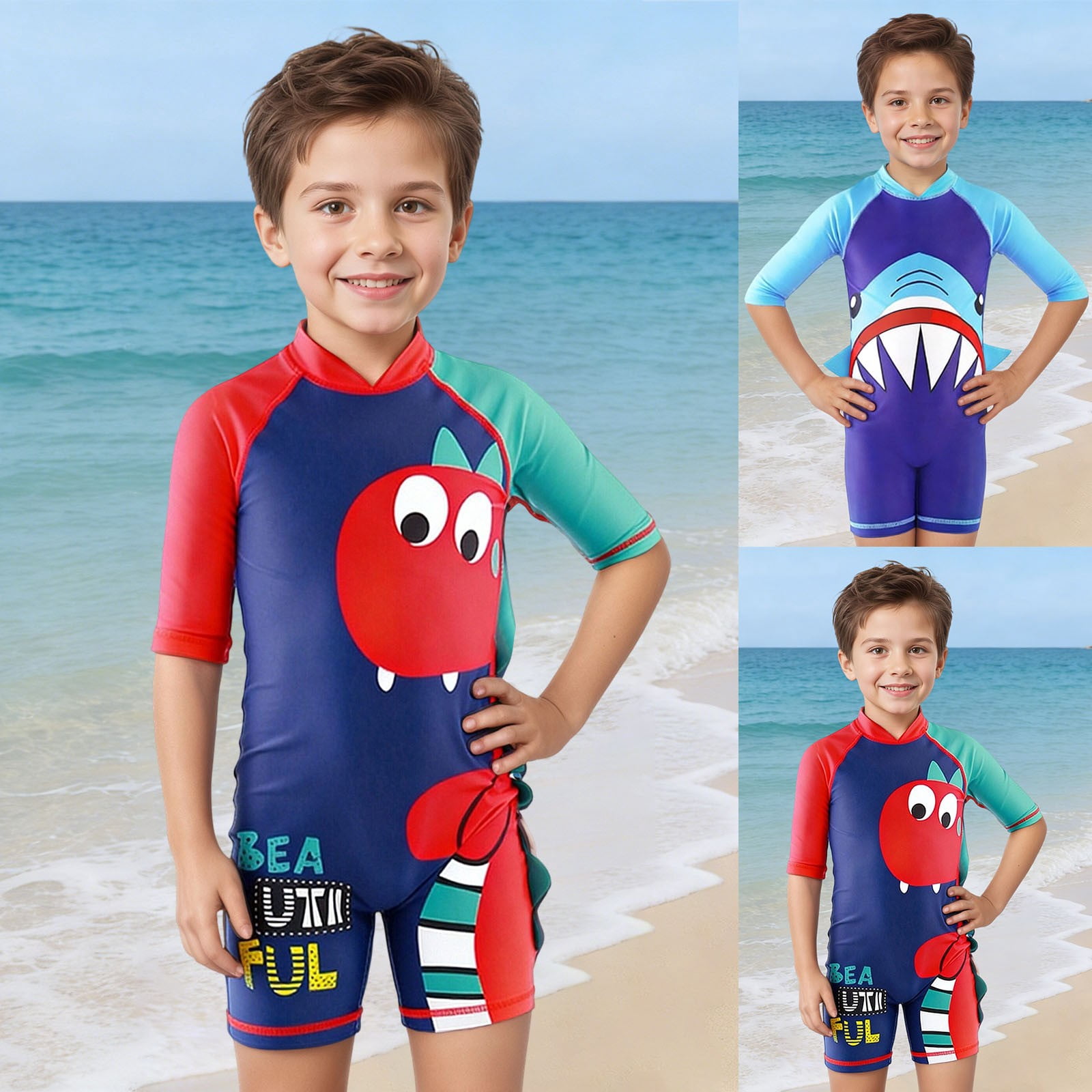 Boys Swim Set 1 Piece Rash Guard Cartoon Hat Toddler Big Kid 2-8 Years ...