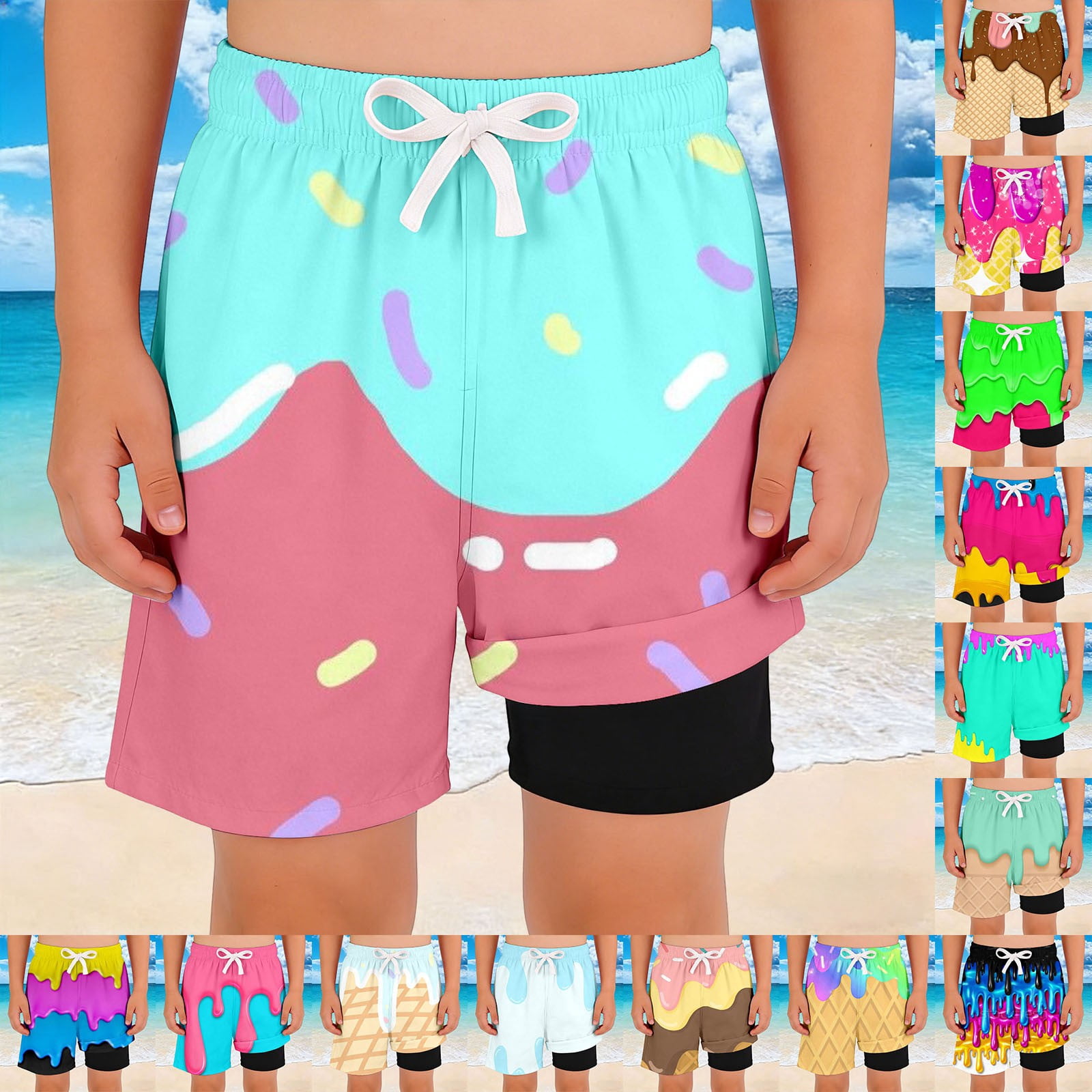 Boys Swim Shorts Unisex Double Layer Swim Bottoms with Ice Print ...