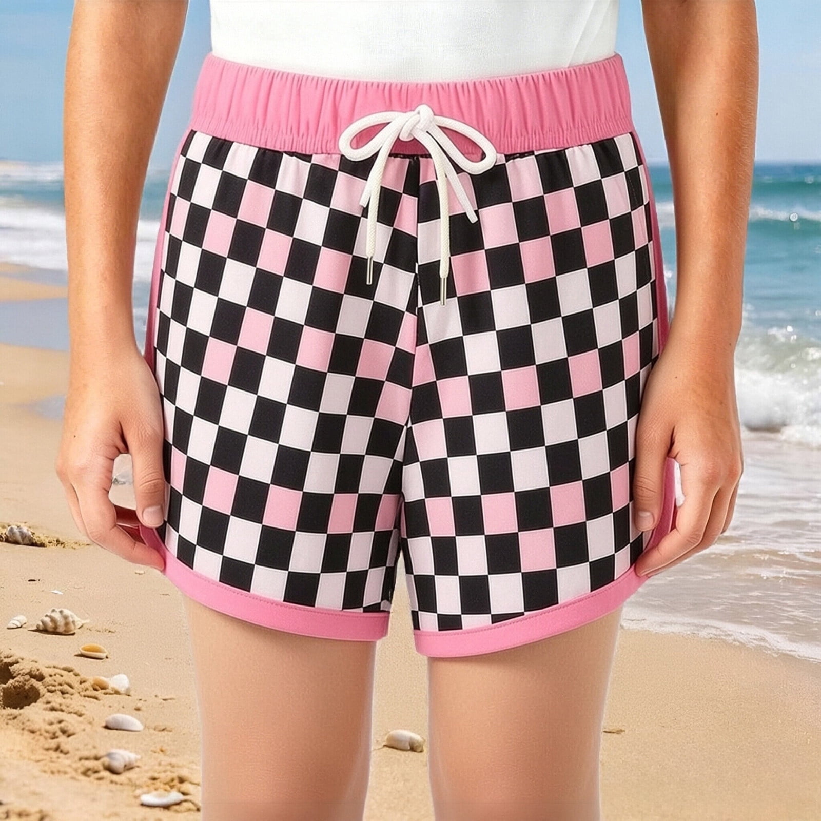 Boys Swim Trunks Classic Plaid Relaxed Fit Board Shorts Quick Dry (Pink ...