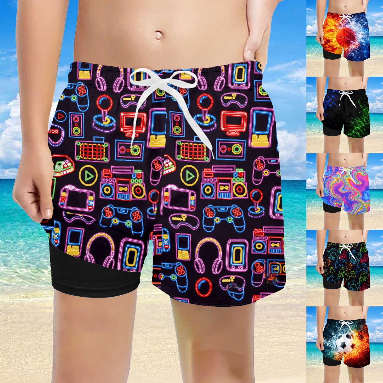 Boys Swim Trunks Kids Retro Video Game Headphone Print Swim Trunks ...