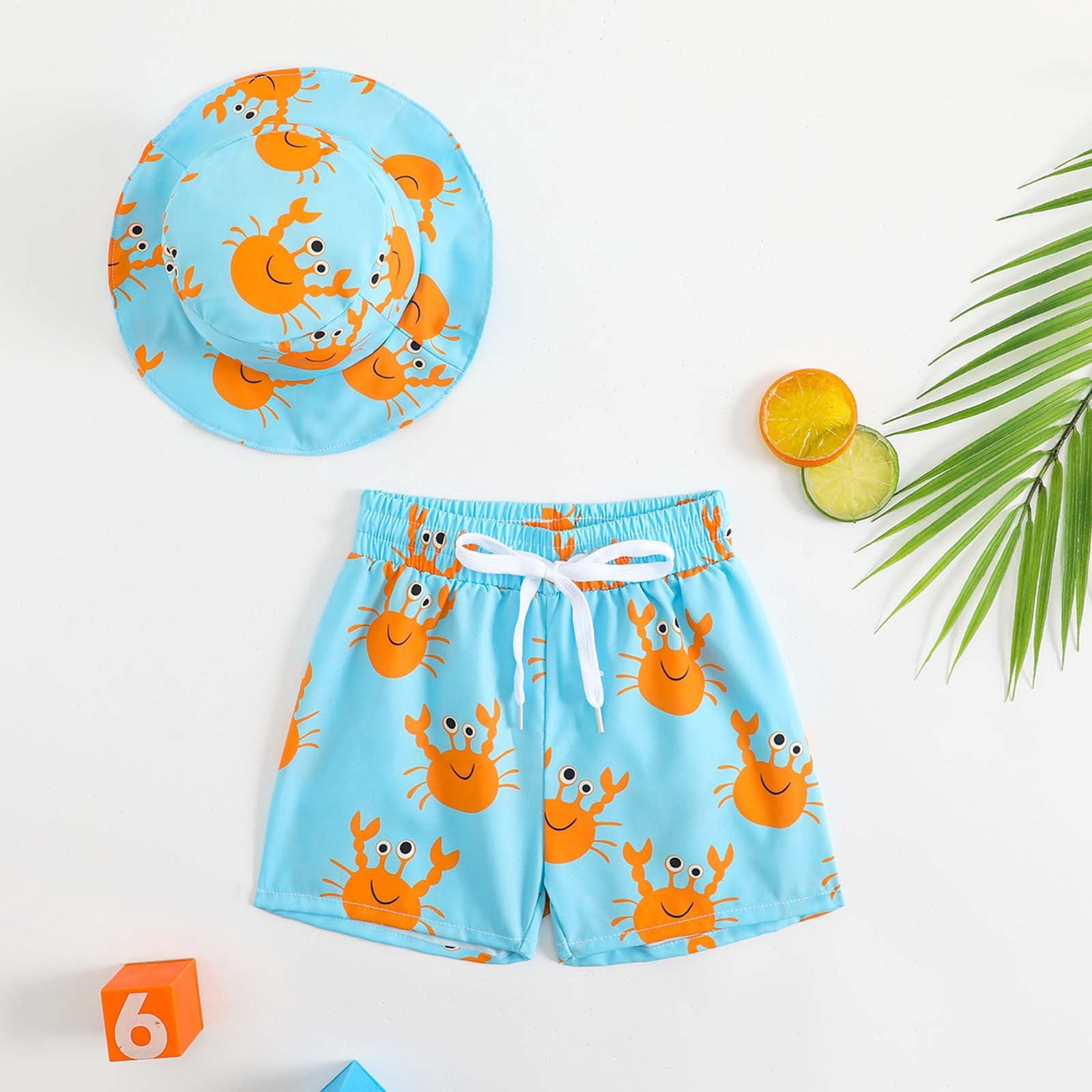 Boys Swim Trunks Matching Swim Cap with Cute Cartoon Crab Print Casual ...