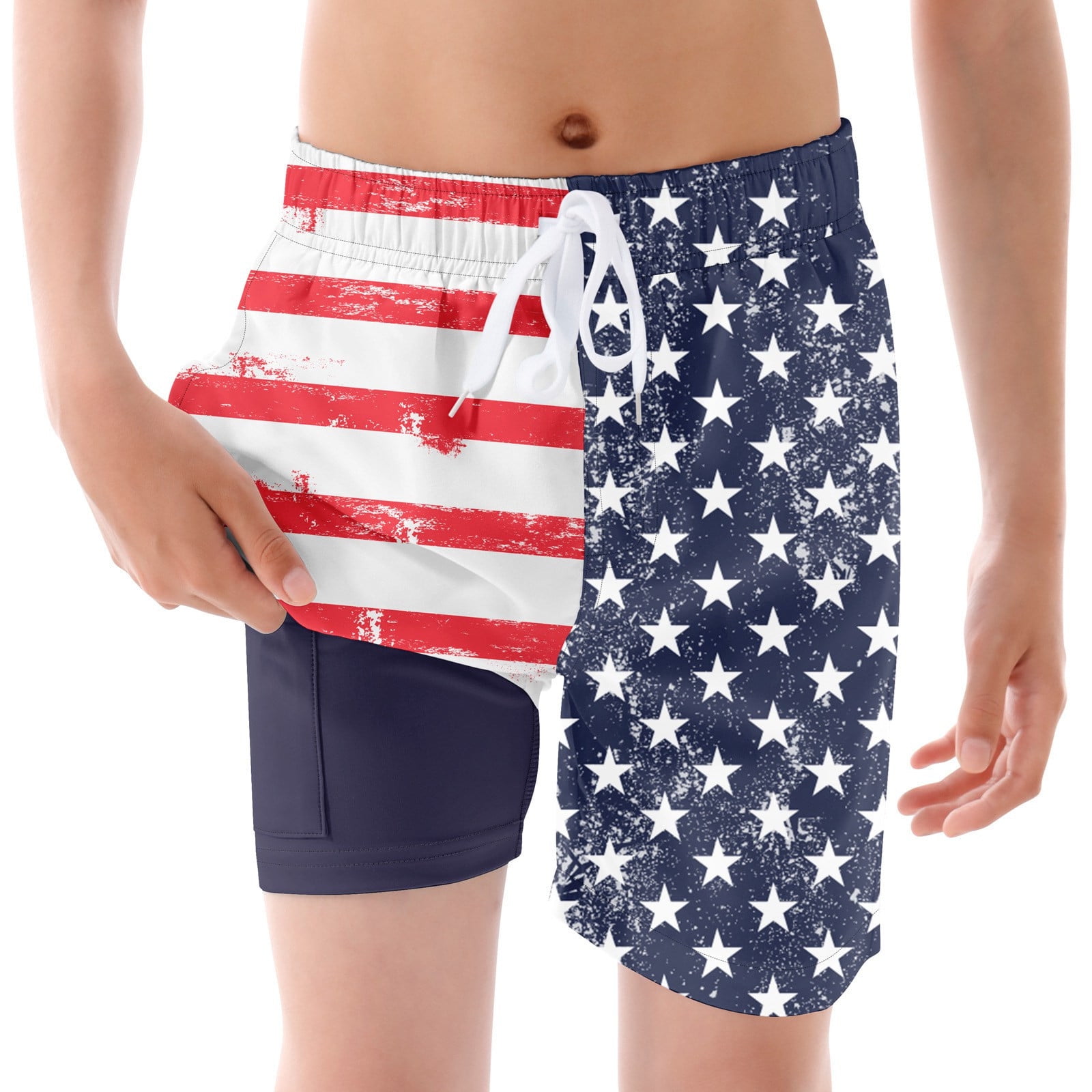 Boys Swim Trunks With Compression Liner American flag Graphic Little ...