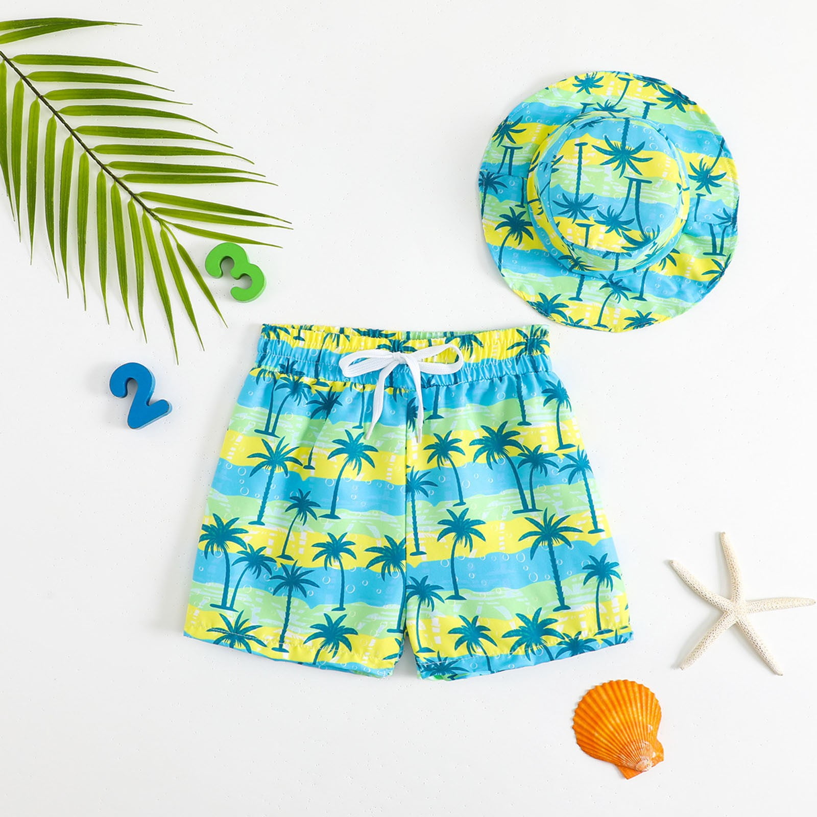 Boys Swim Trunks with Matching Hat Tropical Coconut Tree Print Casual ...