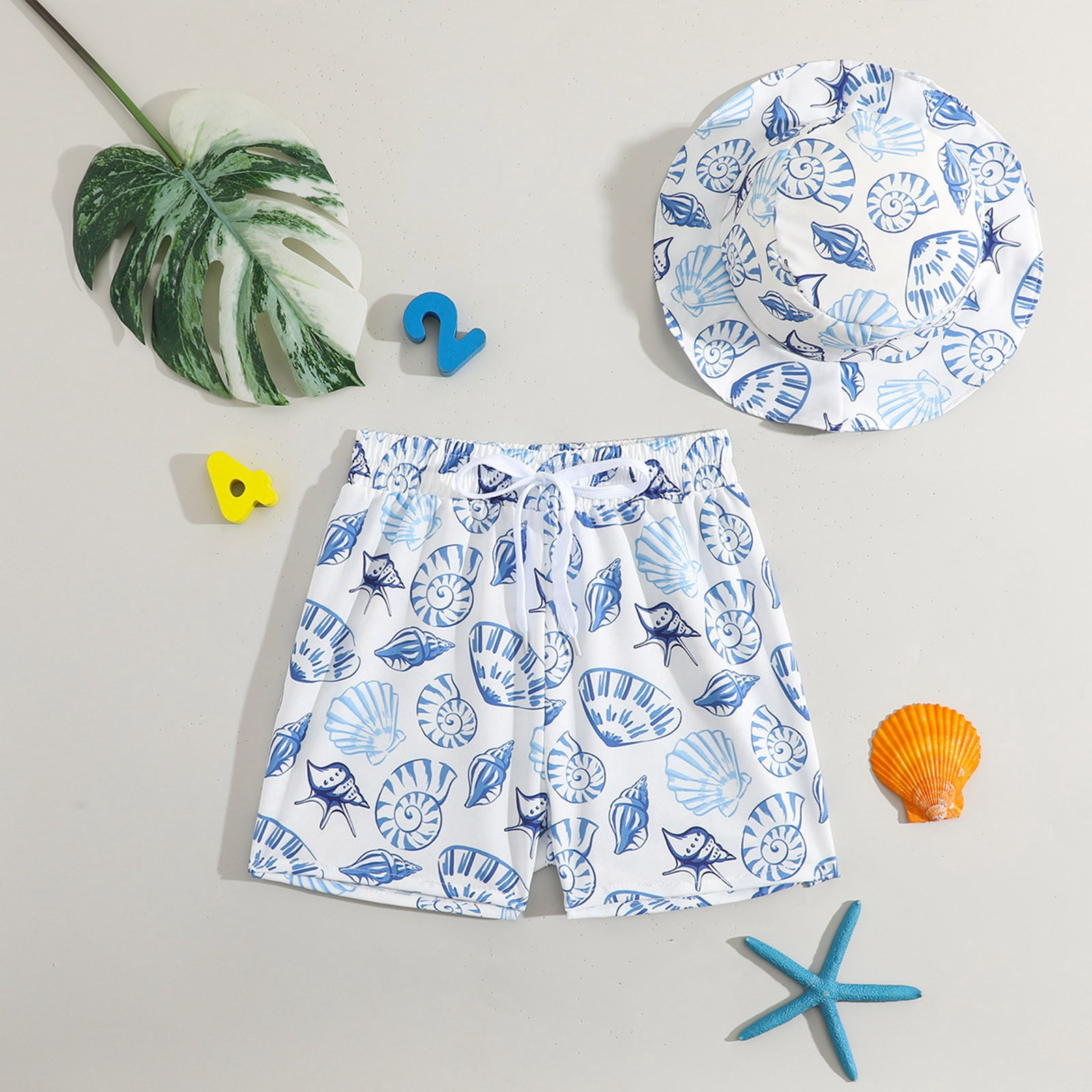 Boys Swim Trunks with Matching Hat Tropical Seashell Scallop Print ...