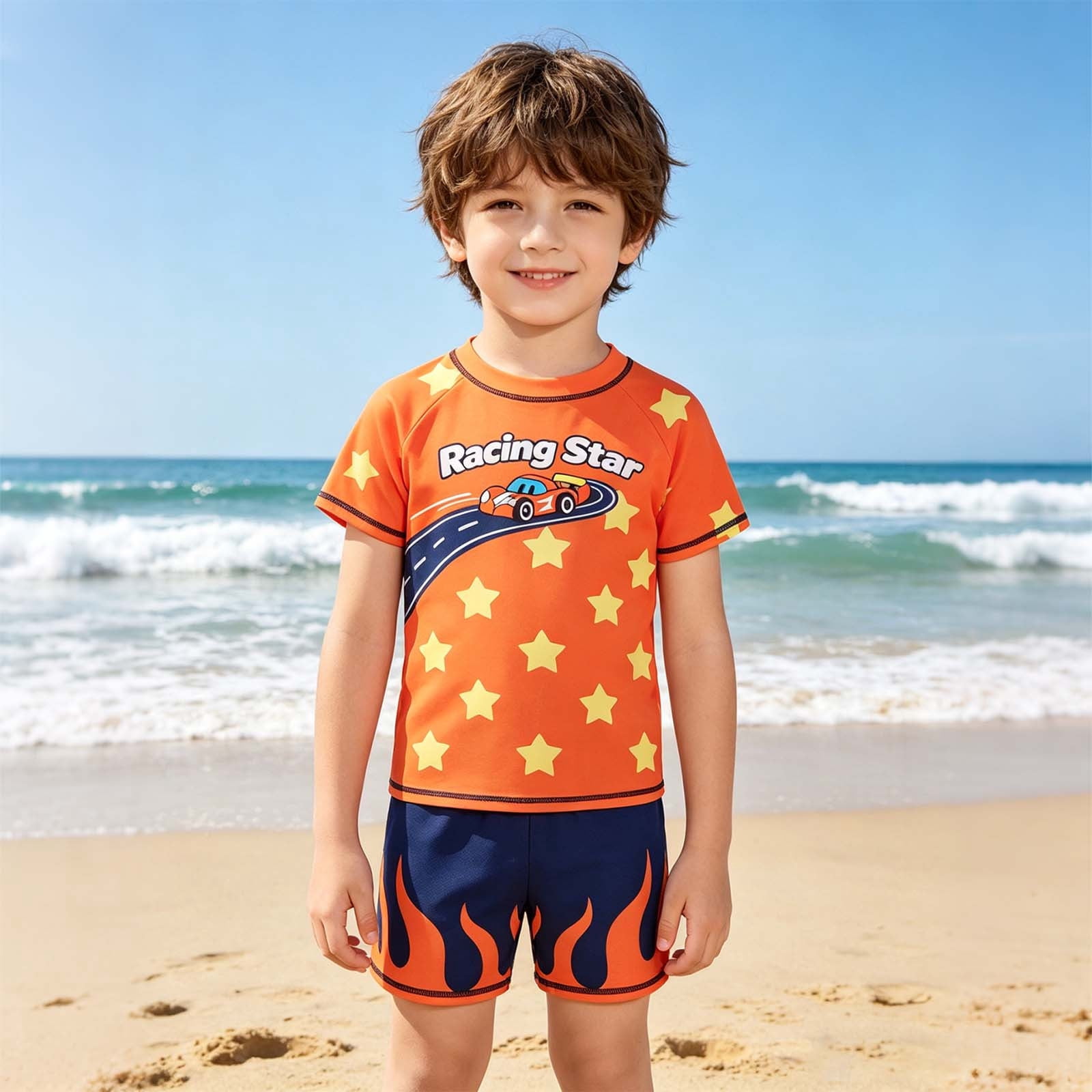 Boys Swimsuit 2 Piece Cartoon Print Round Neck Short Sleeve T-Shirt And ...