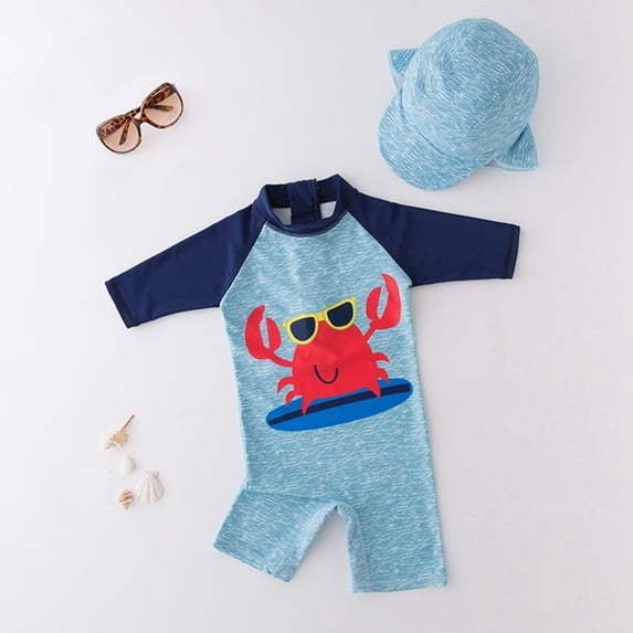 Boys Swimsuit 2 Piece Crab Print Long Sleeve Rash Guard Upf 50+ Bathing ...