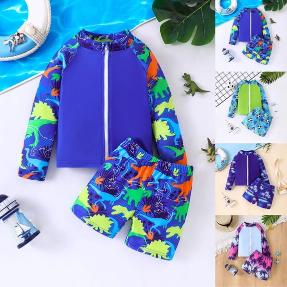 Boys Swimsuit 2 Piece Outfits Long Sleeve Zip Up Rash Guard with ...