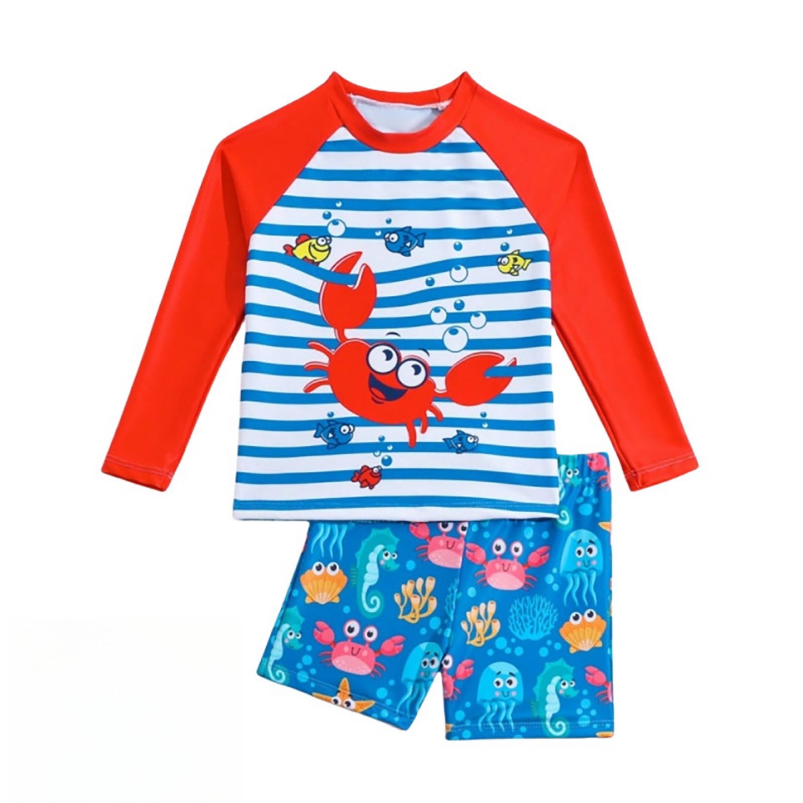 Boys Swimsuit 2 Piece Stripe Crab Print Long Sleeve Crew Neck Rash ...