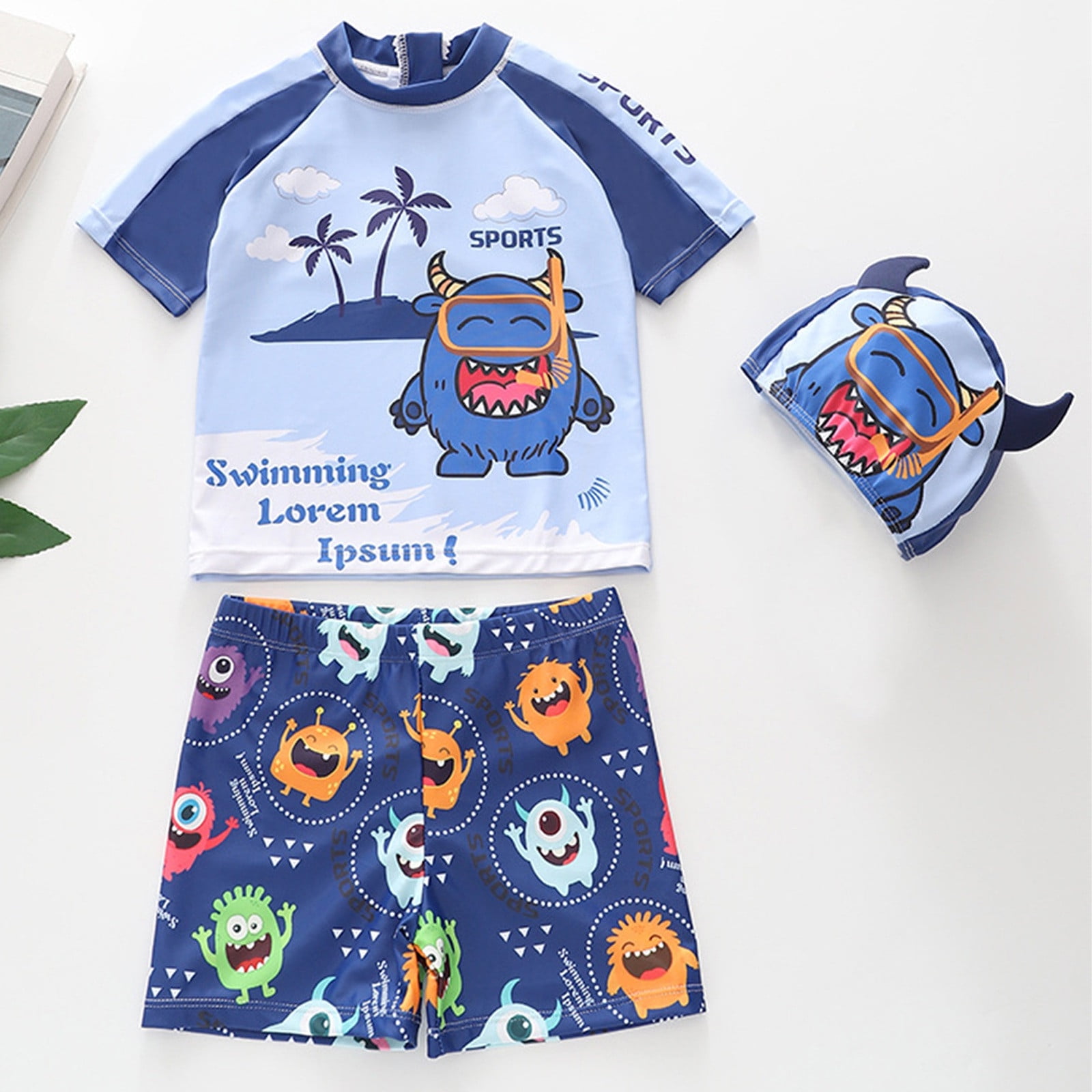 Boys Swimsuit Cartoon Print Long Sleeve Top Rash Guard Swim Trunks and ...
