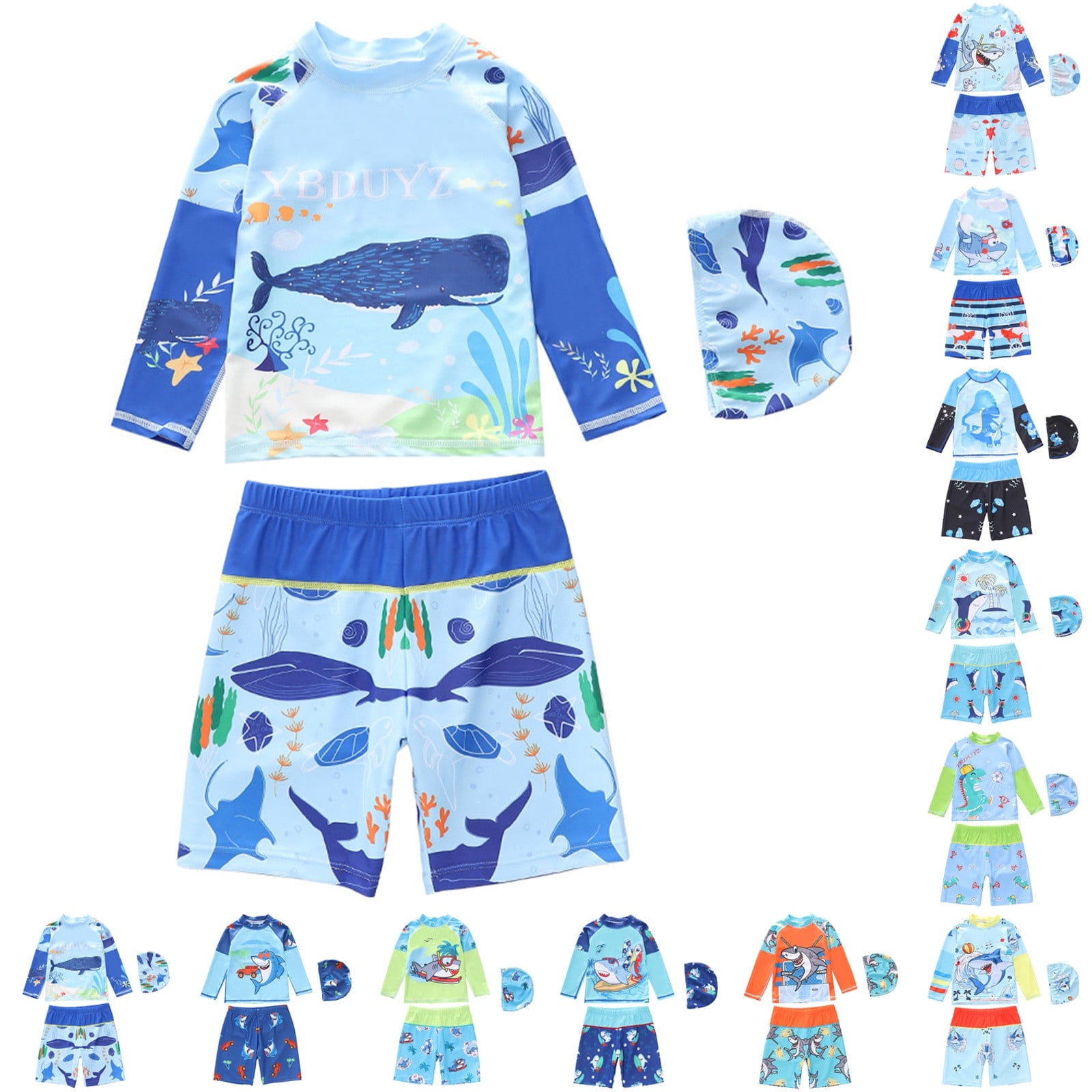 Boys Swimsuit Cartoon Print Long Sleeve Top Rash Guard Swim Trunks and ...