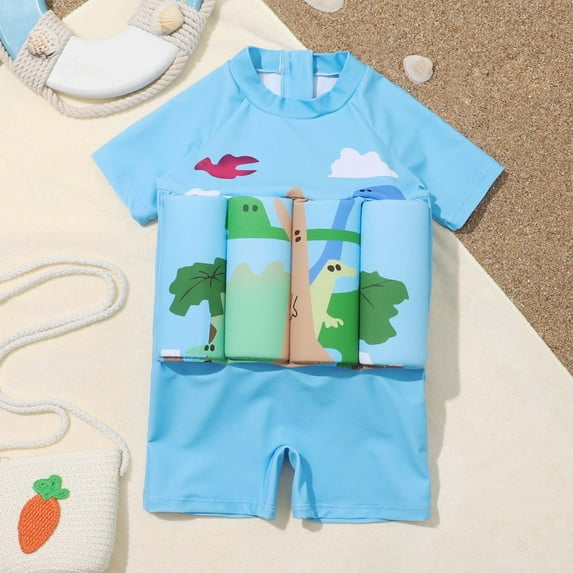 Boys Swimsuit Cartoon Print One Piece Swimsuits Buoyancy Short Sleeve ...