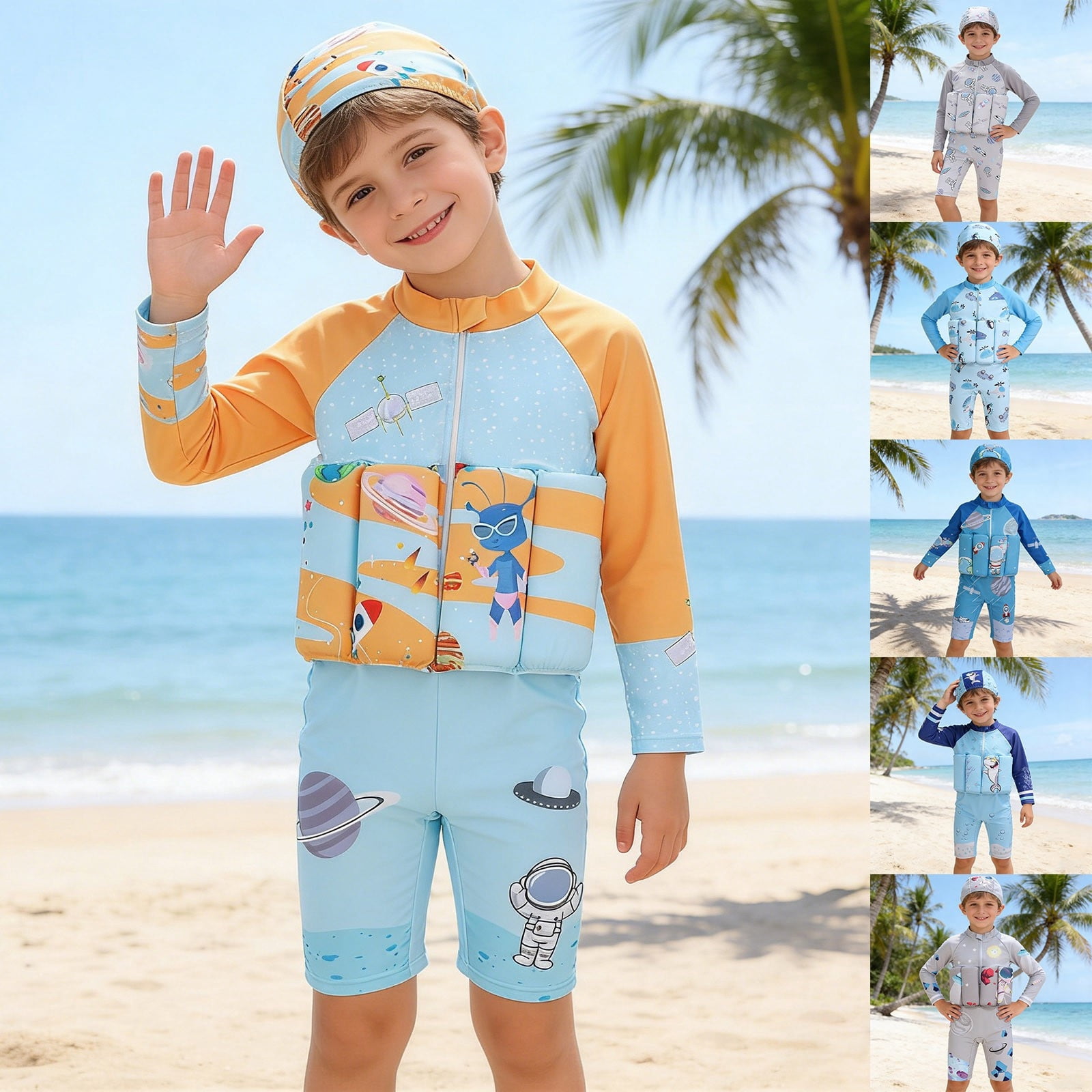 Boys Swimsuit Cartoon Print One Piece Swimsuits with Cap Buoyancy Long ...