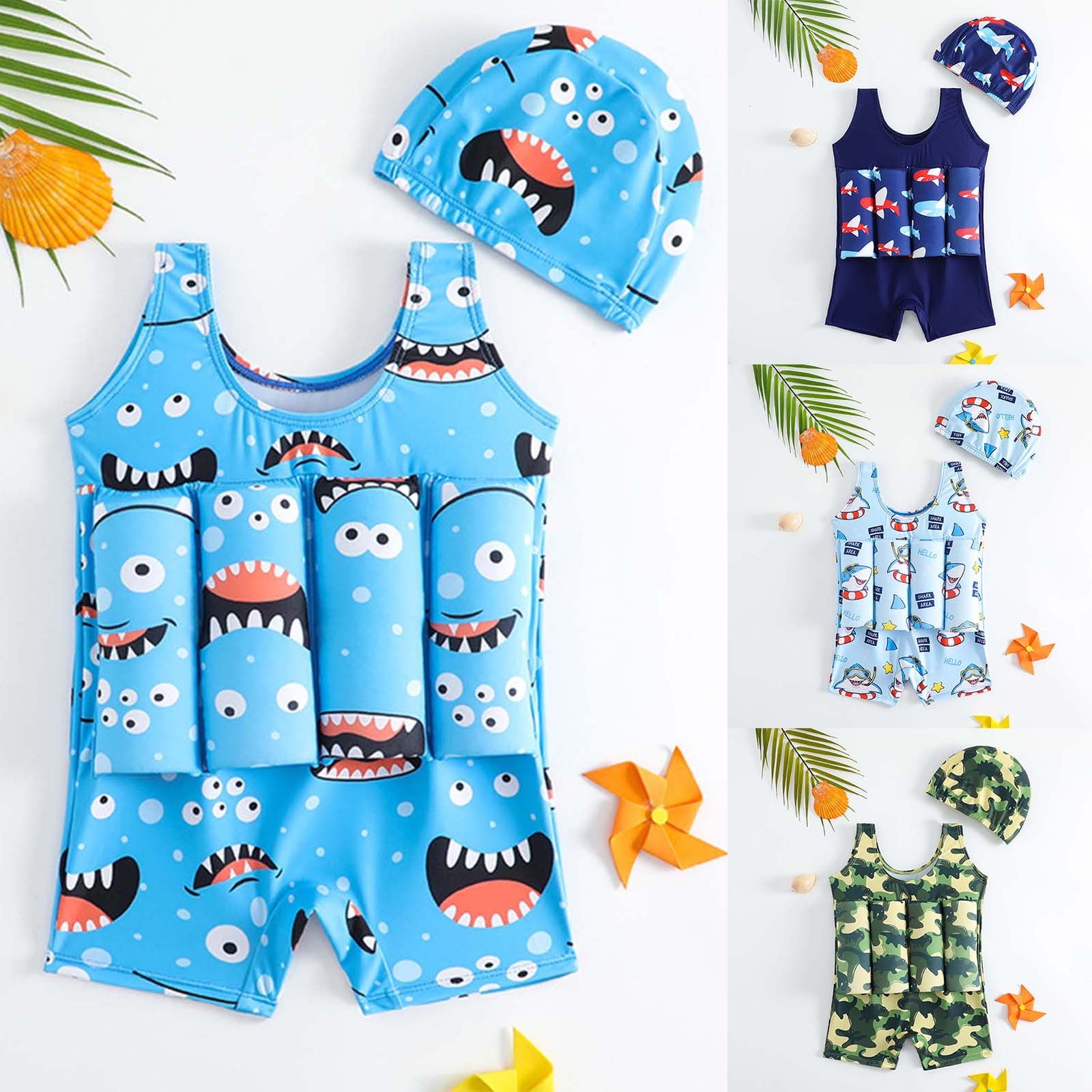 Boys Swimsuit Cartoon Print One Piece Swimsuits with Cap Buoyancy ...