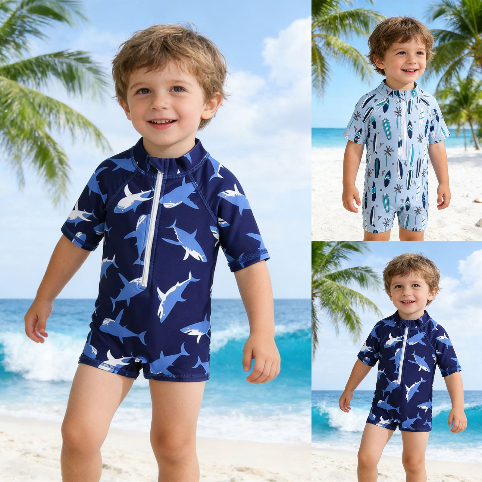 Boys Swimsuit Cartoon Print One-piece Swimsuits with Zipper Summer ...