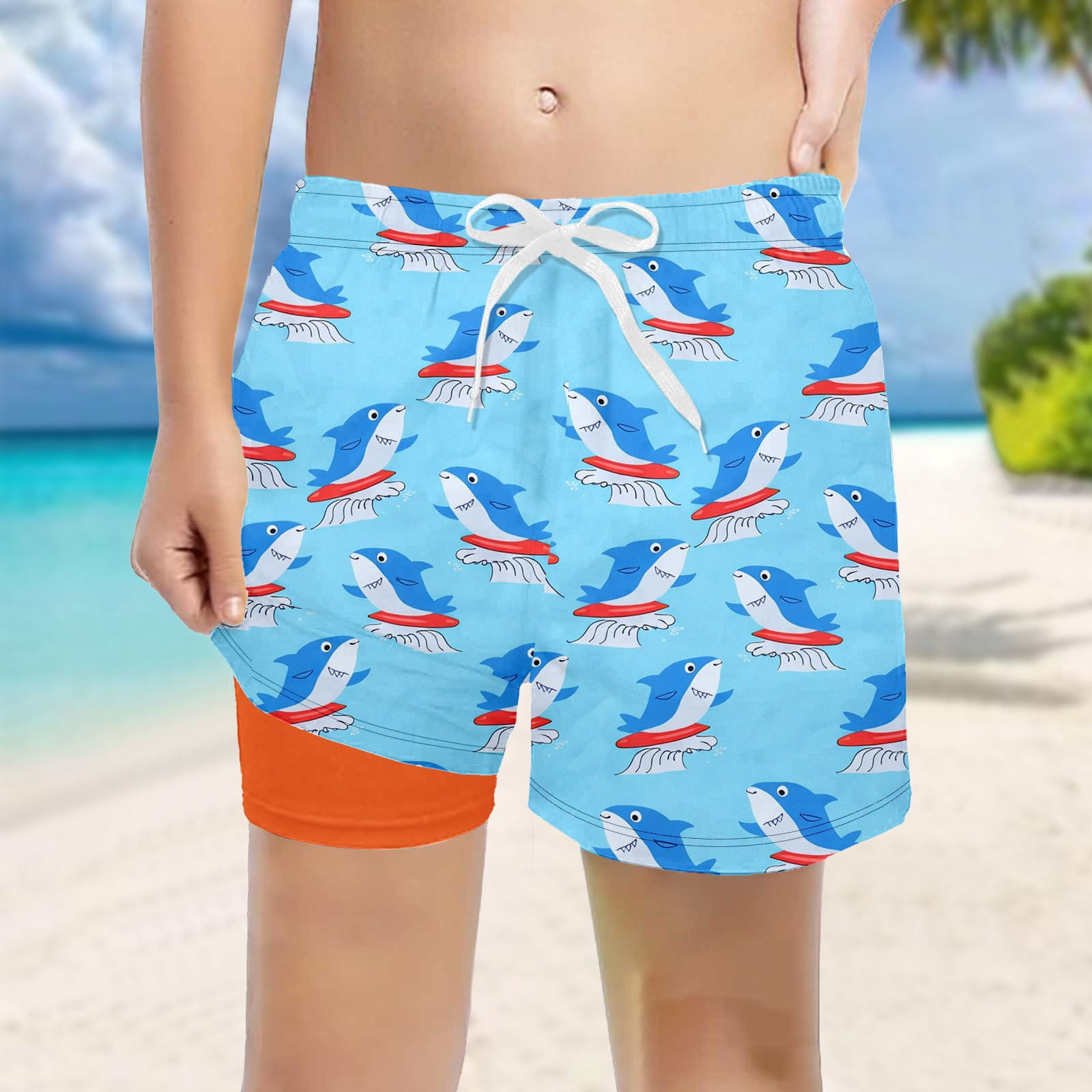 Boys Swimsuit Cartoon Shark Print Swim Trunks with Solid Liner Quick ...