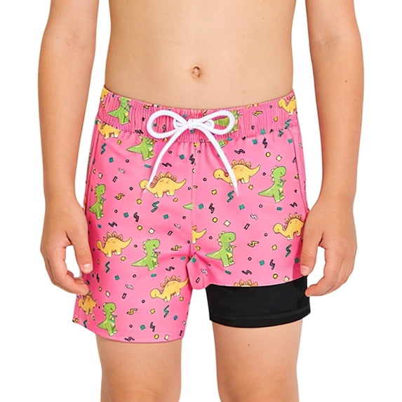 Boys Swimsuit Cute Dinosaur Print with Compression Liner Tie Waist Swim ...