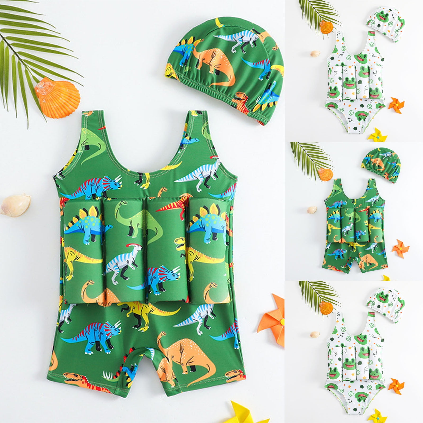 Boys Swimsuit Kids Flotation One-piece Bathing Suit with Swim Cap Beach ...