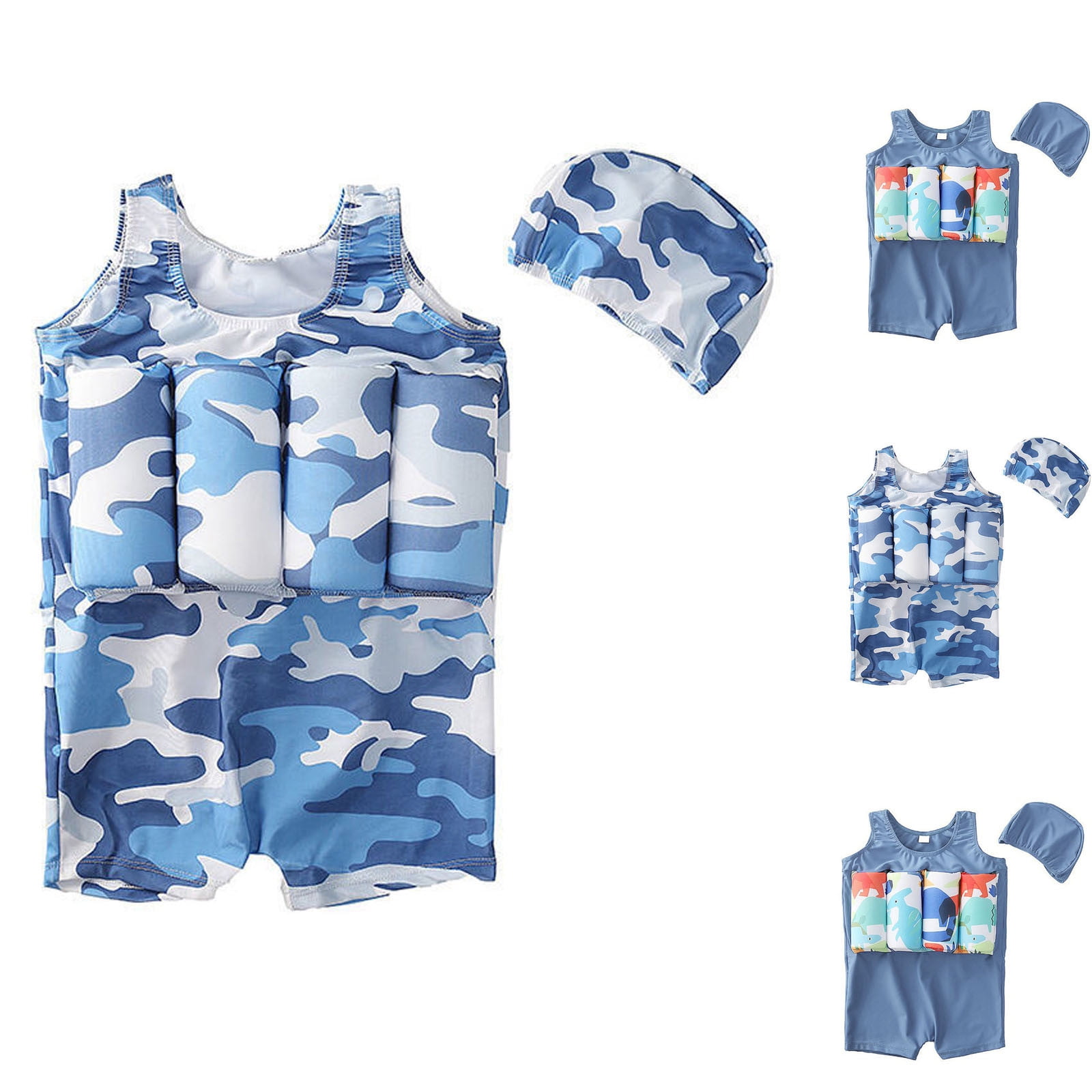 Boys Swimsuit Kids Flotation One-piece Bathing Suit with Swim Cap Beach ...