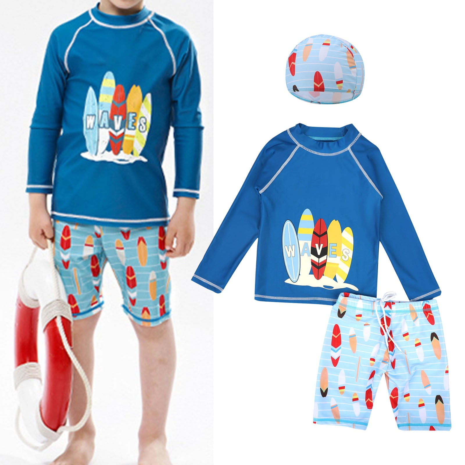Boys Swimsuit Long Sleeve Cartoon Print 3 Piece Tankinis with Cap ...