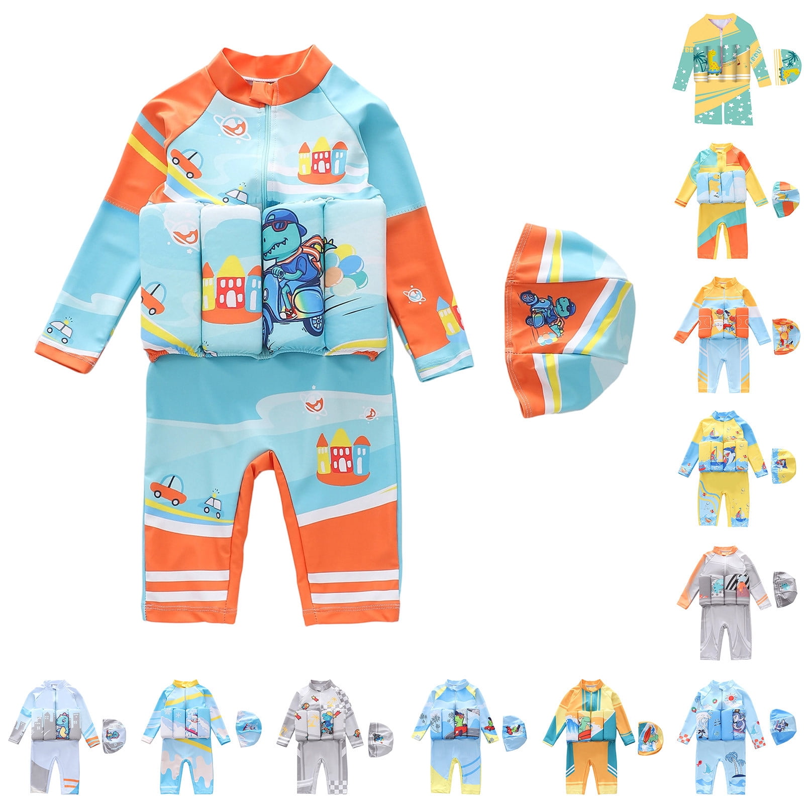 Boys Swimsuit Long Sleeve Cartoon Print One Piece Swimsuits with Cap ...