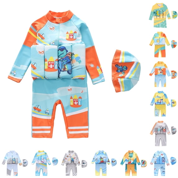 Boys Swimsuit Long Sleeve Cartoon Print One Piece Swimsuits with Cap ...