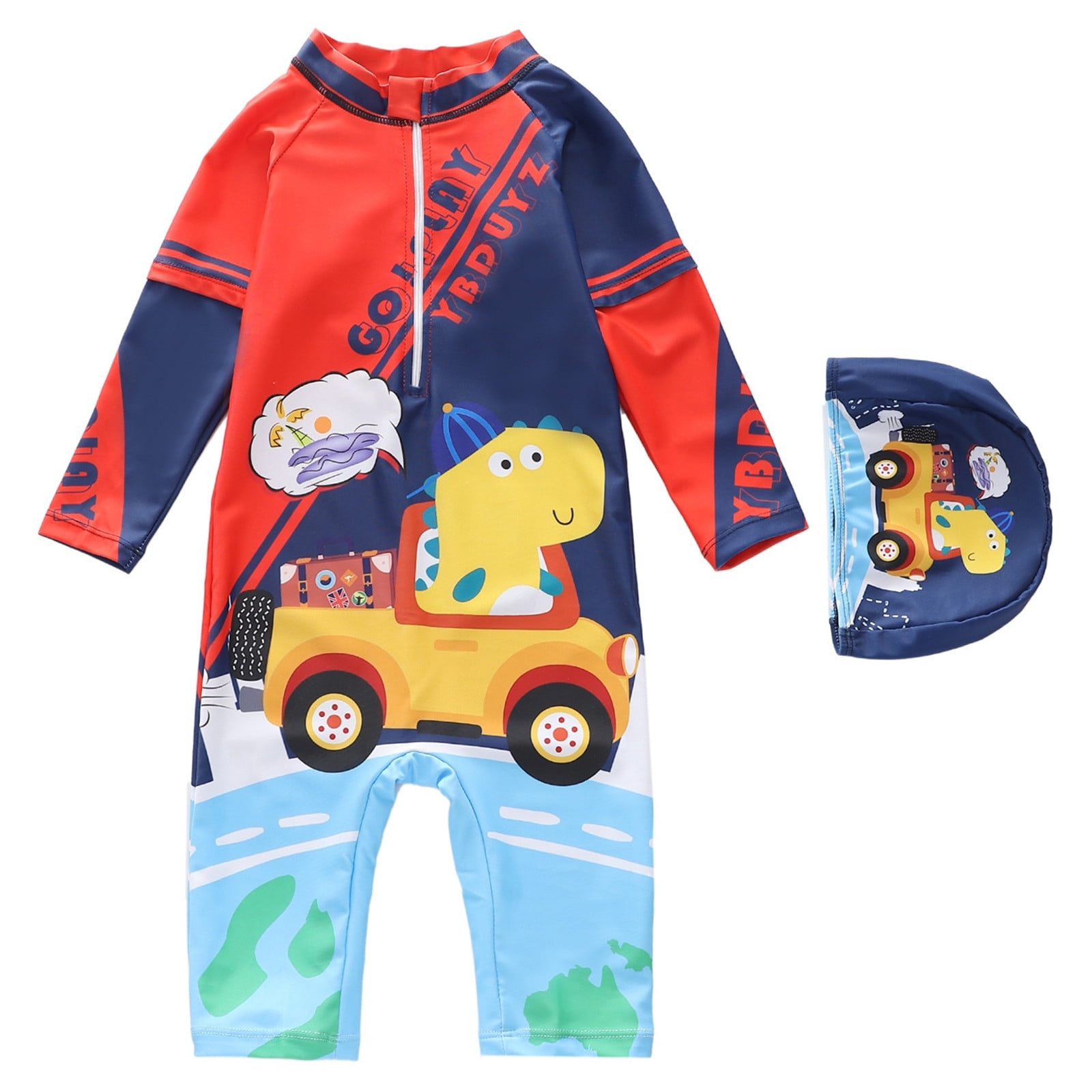 Boys Swimsuit Long Sleeve Rash Guard with Upf 50 Sun and Swim Cap ...