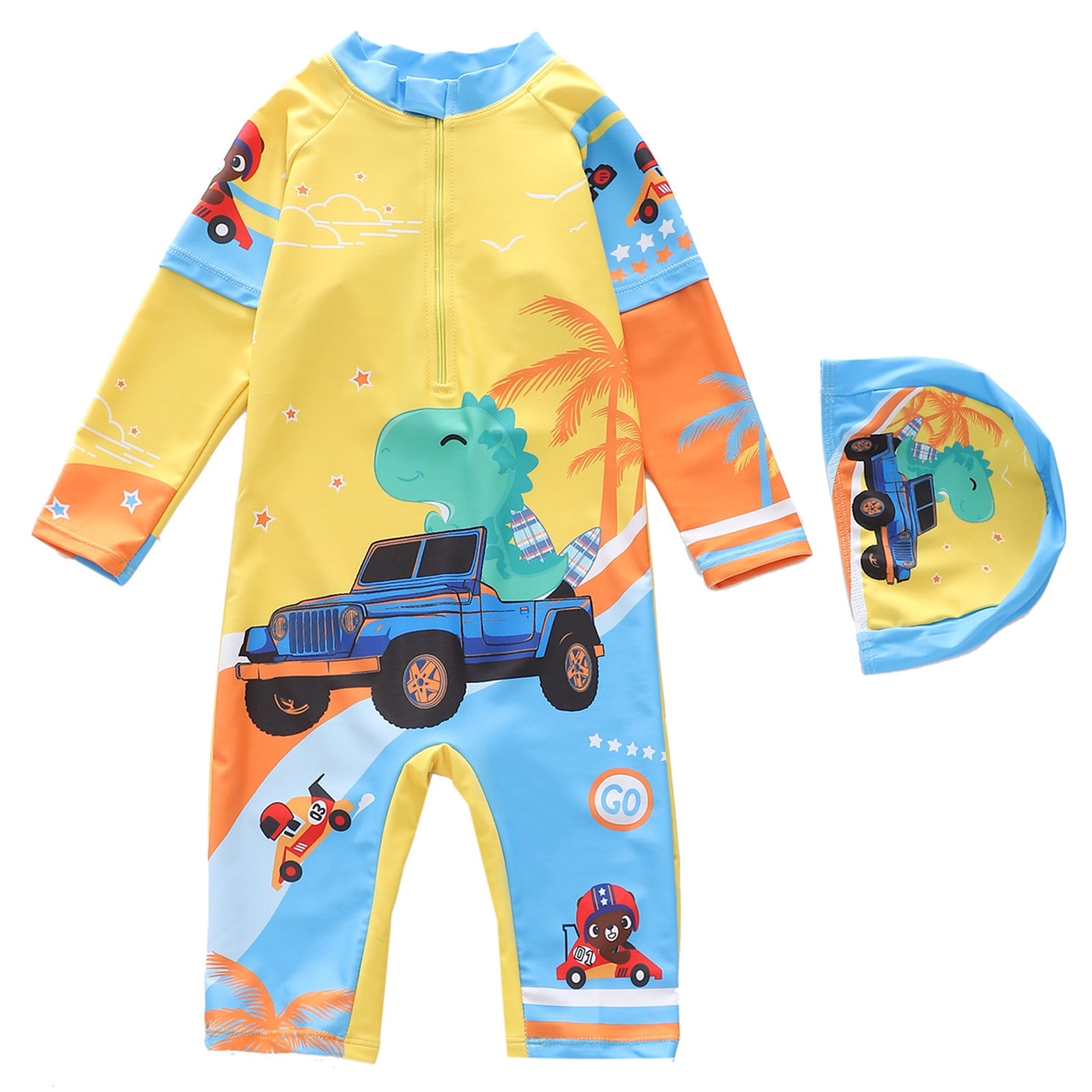 Boys Swimsuit Long Sleeve Rash Guard with Upf 50 Sun and Swim Cap ...