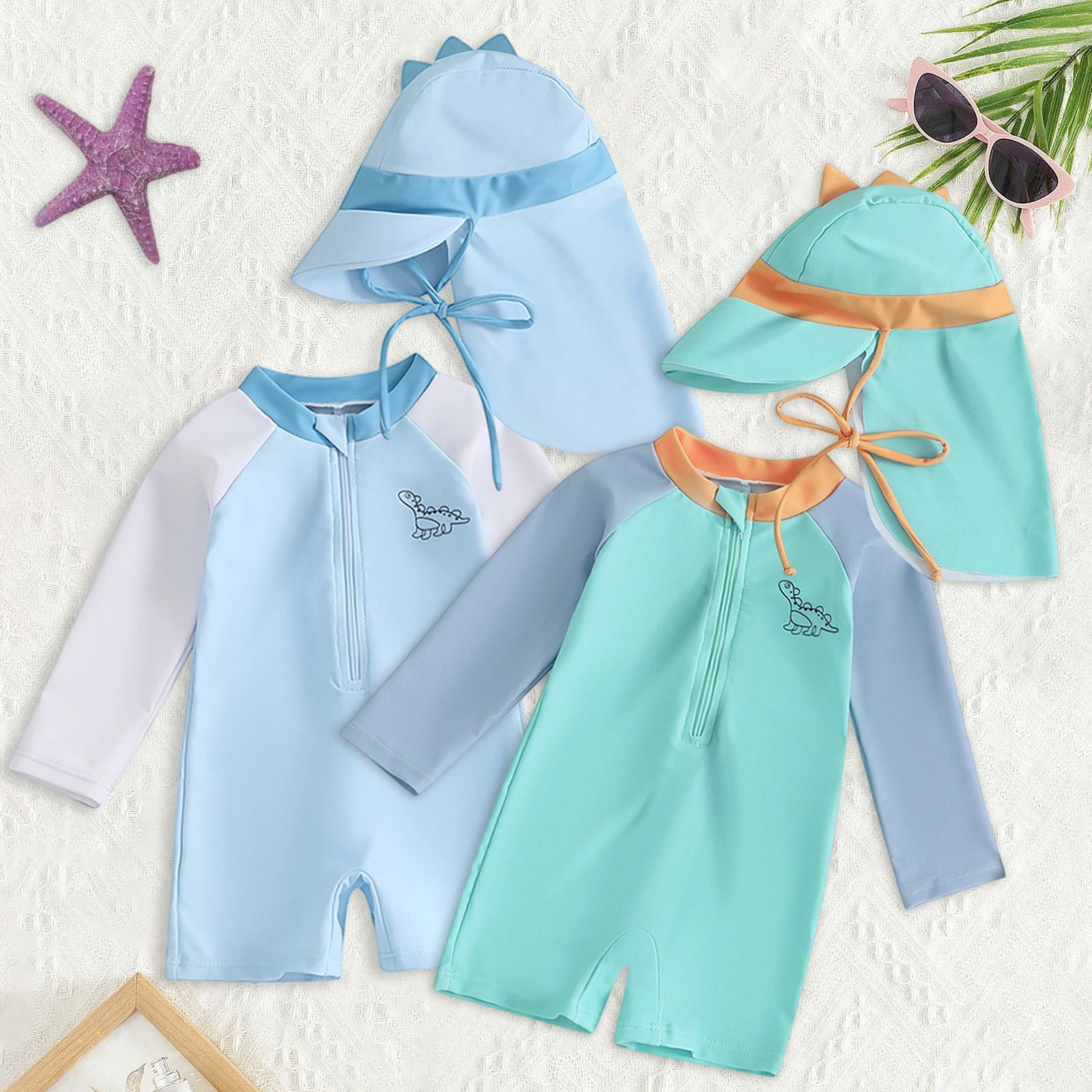 Boys Swimsuit Long Sleeve Zipper Color Block One-piece Beachwear with ...