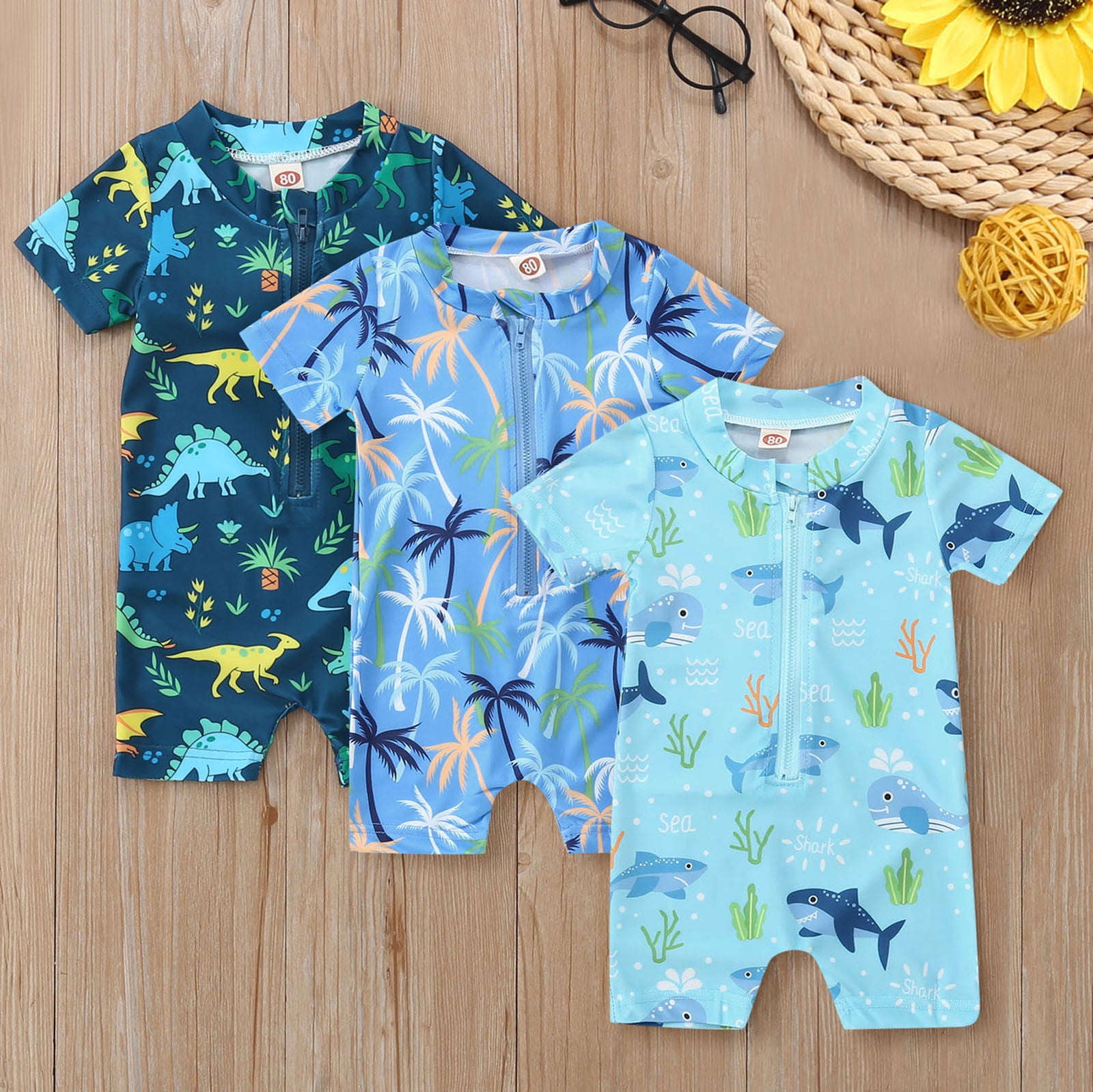 Boys Swimsuit One-piece Swimsuits with Zipper Short Sleeve Water ...
