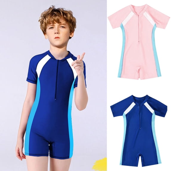 Boys Swimsuit One-piece Swimsuits with Zipper Short Sleeve Water Sport ...