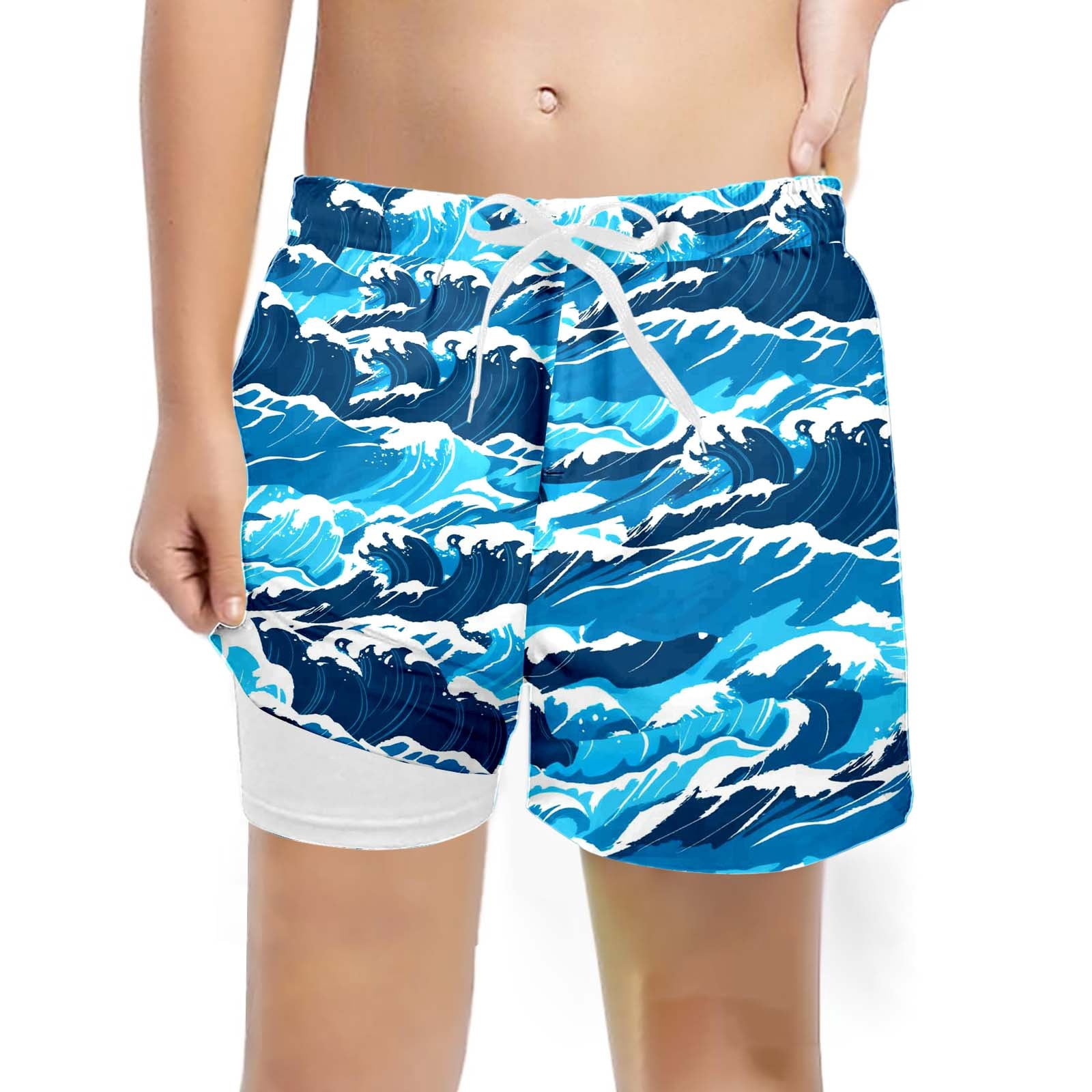Boys Swimsuit Quick Dry Wave Print Drawstring Short Swim Trunks for ...
