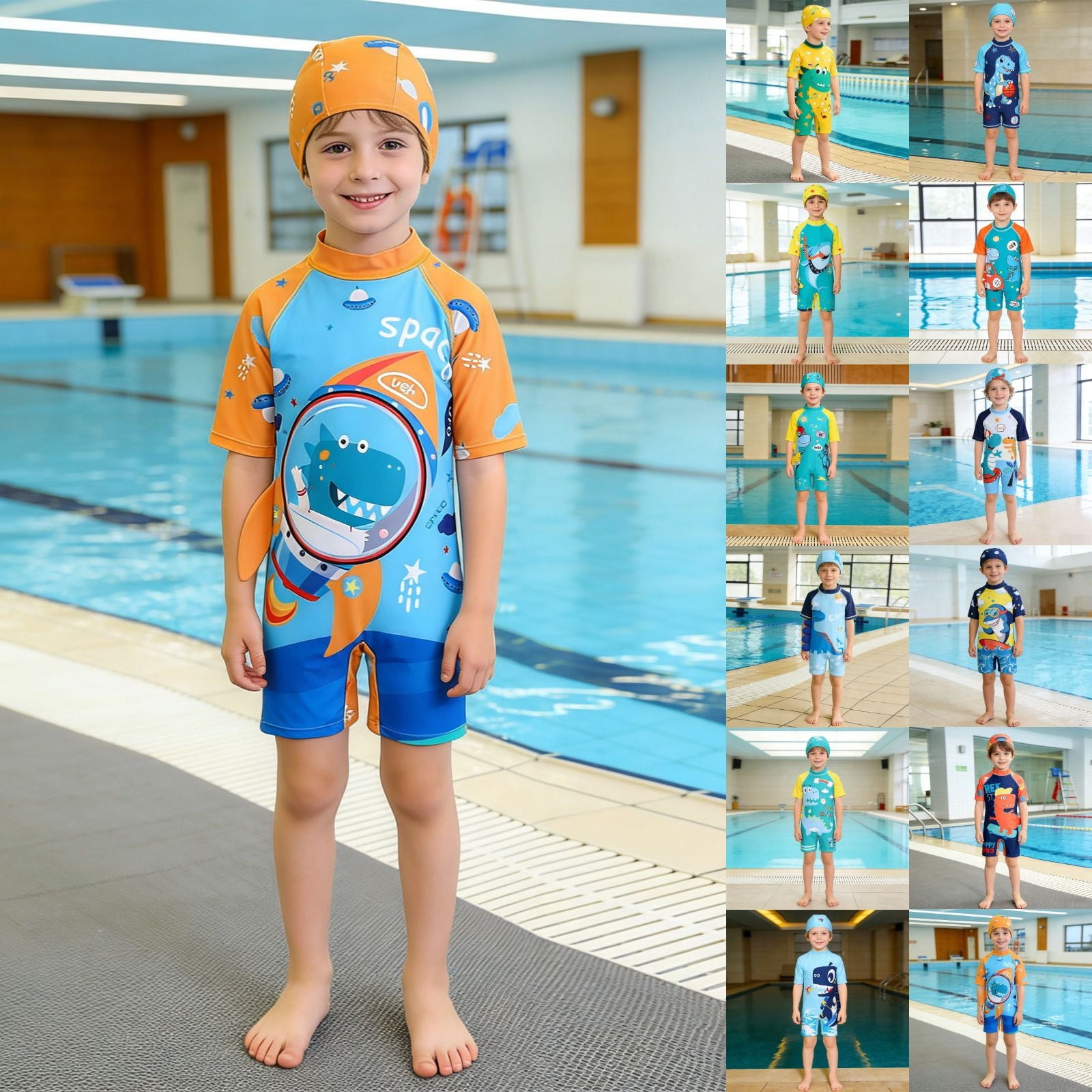 Boys Swimsuit Short Sleeve Dinosaur Print Rash Guard Top with Trunks ...