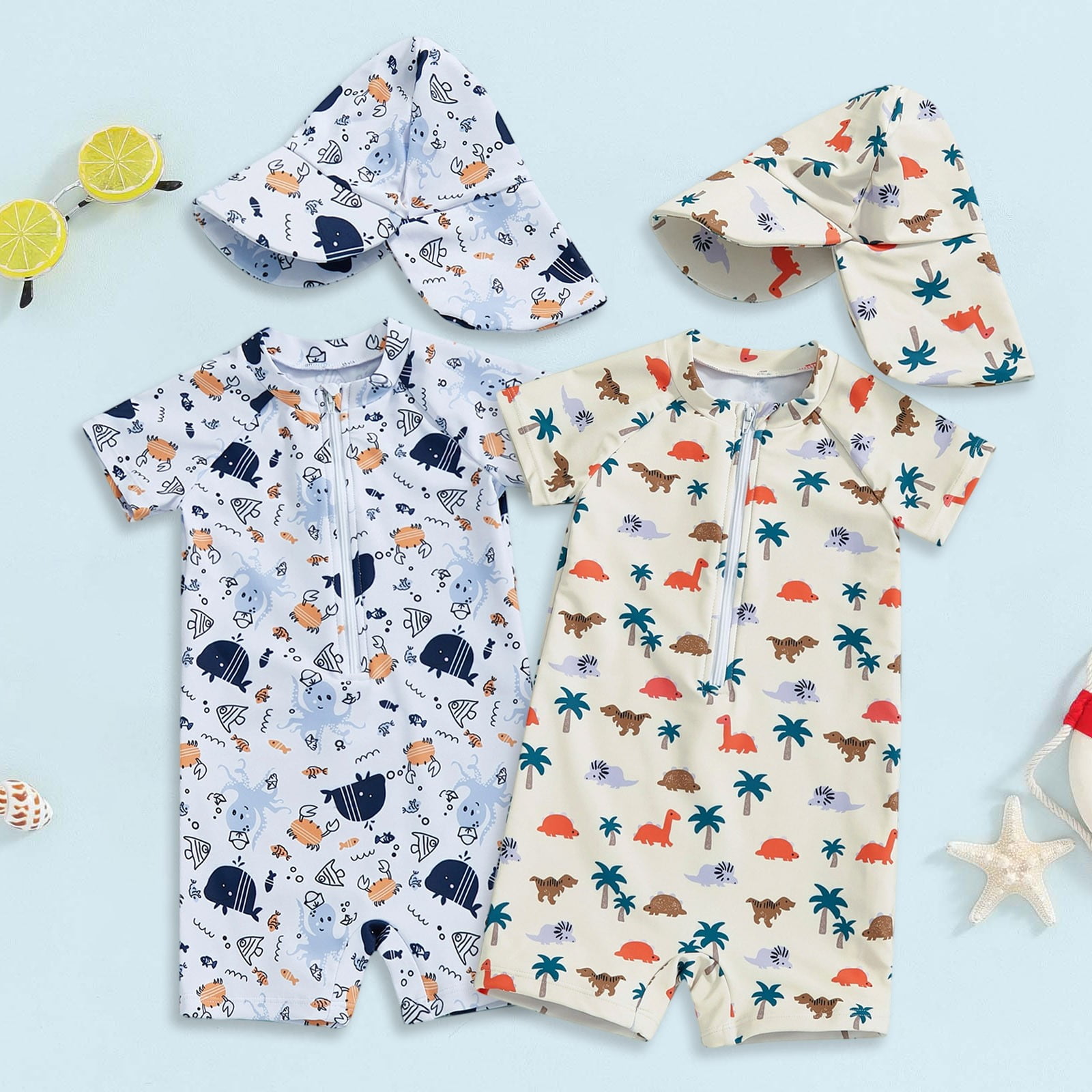 Boys Swimsuit Short Sleeve Zipper Cartoon Print One-piece Beachwear ...