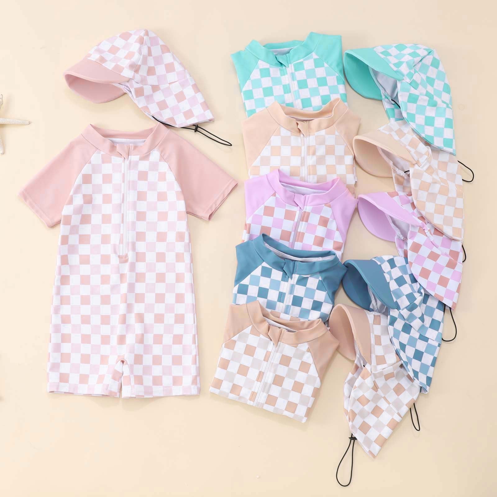 Boys Swimsuit Short Sleeve Zipper Plaid Print One-piece Beachwear with ...