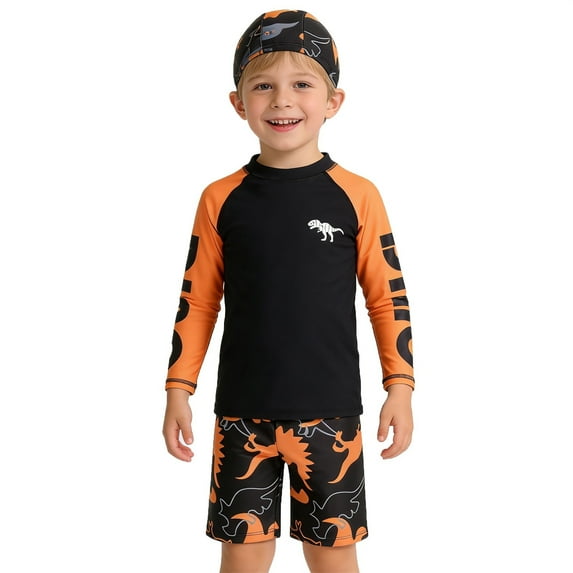 Boys Swimsuit Summer Dinosaur Print Long Sleeve Rash Guard Swim Shirt ...