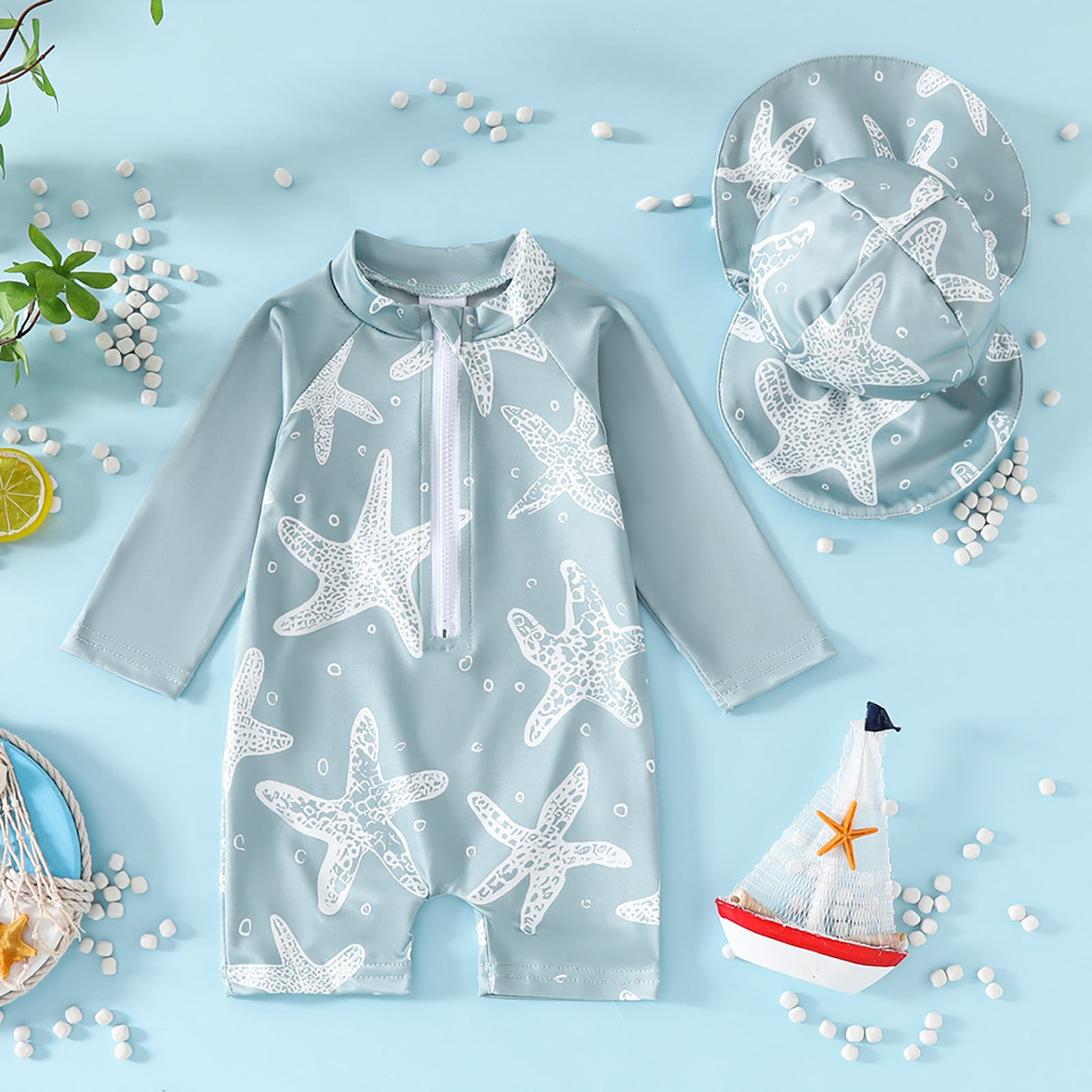 Boys Swimsuit Toddler One-piece Swimsuits Long Sleeve Zipper Swim Hat ...