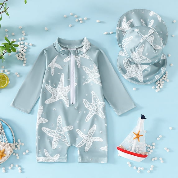 Boys Swimsuit Toddler One-piece Swimsuits Long Sleeve Zipper Swim Hat ...