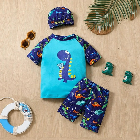 Boys Swimwear 3 Piece Set Short Sleeved Cartoon Dinosaur Print Top ...
