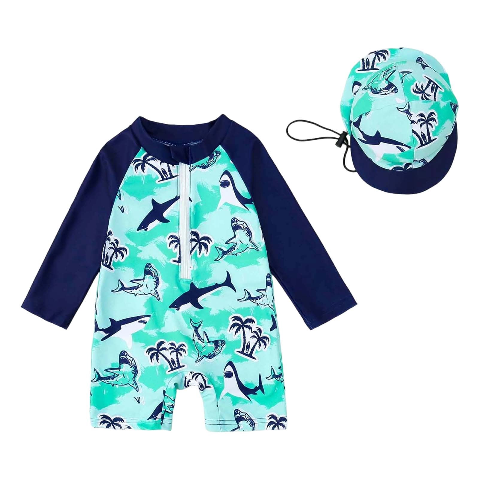 Boys Swimwear Printed Half Zip Swimsuit And Hat with Sun Upf 50 ...