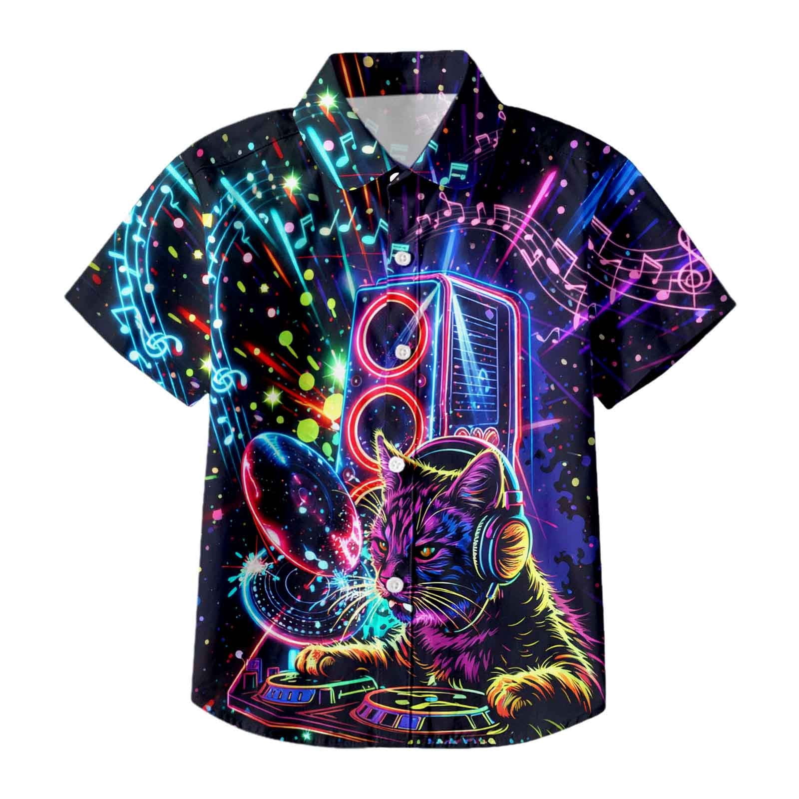 Boys T Shirt Shirts Cool Neon Music Cat Print Summer Casual Button Down ...