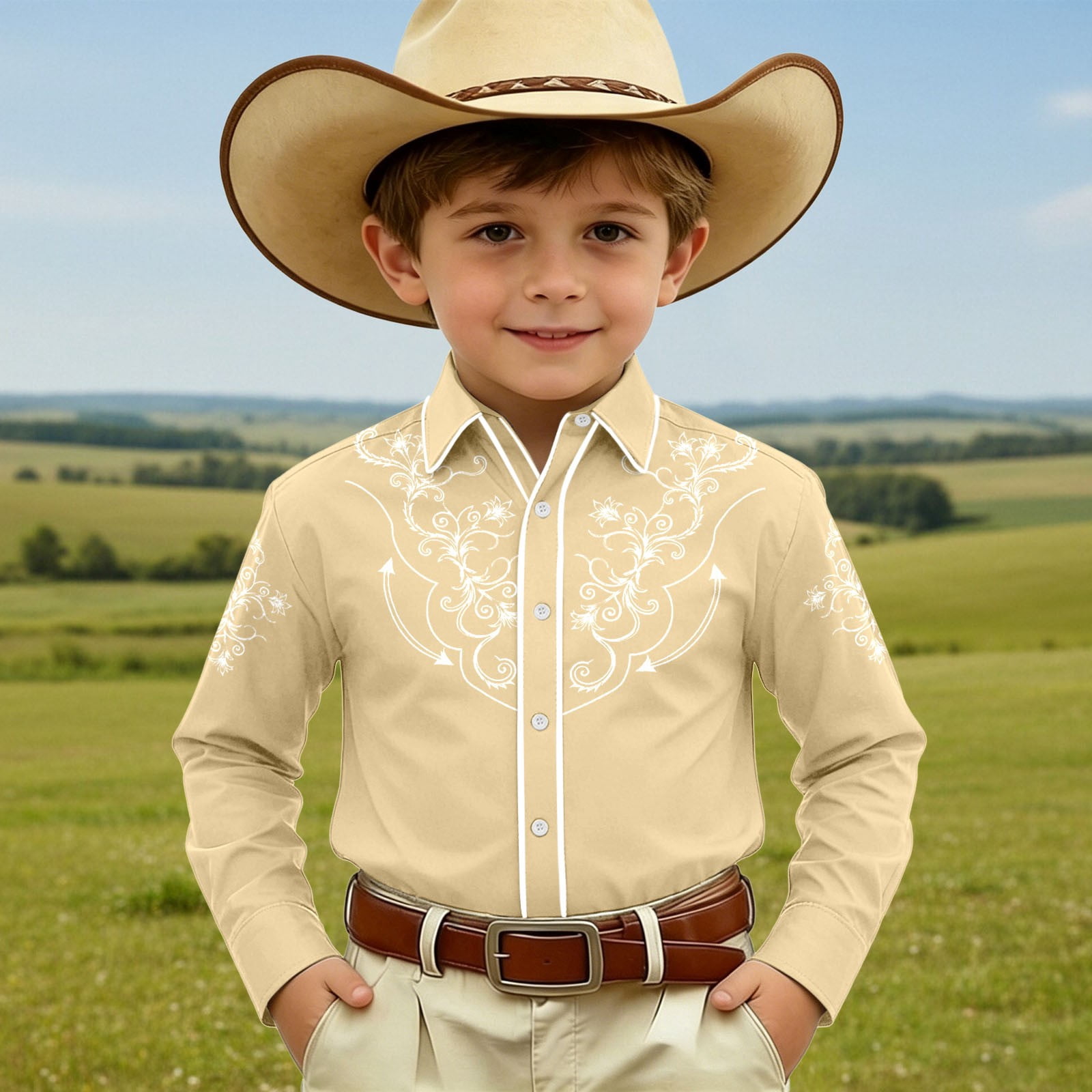 Boys T Shirts Size 4-5Y Kids Western Print Long Sleeve Collar Fashion ...