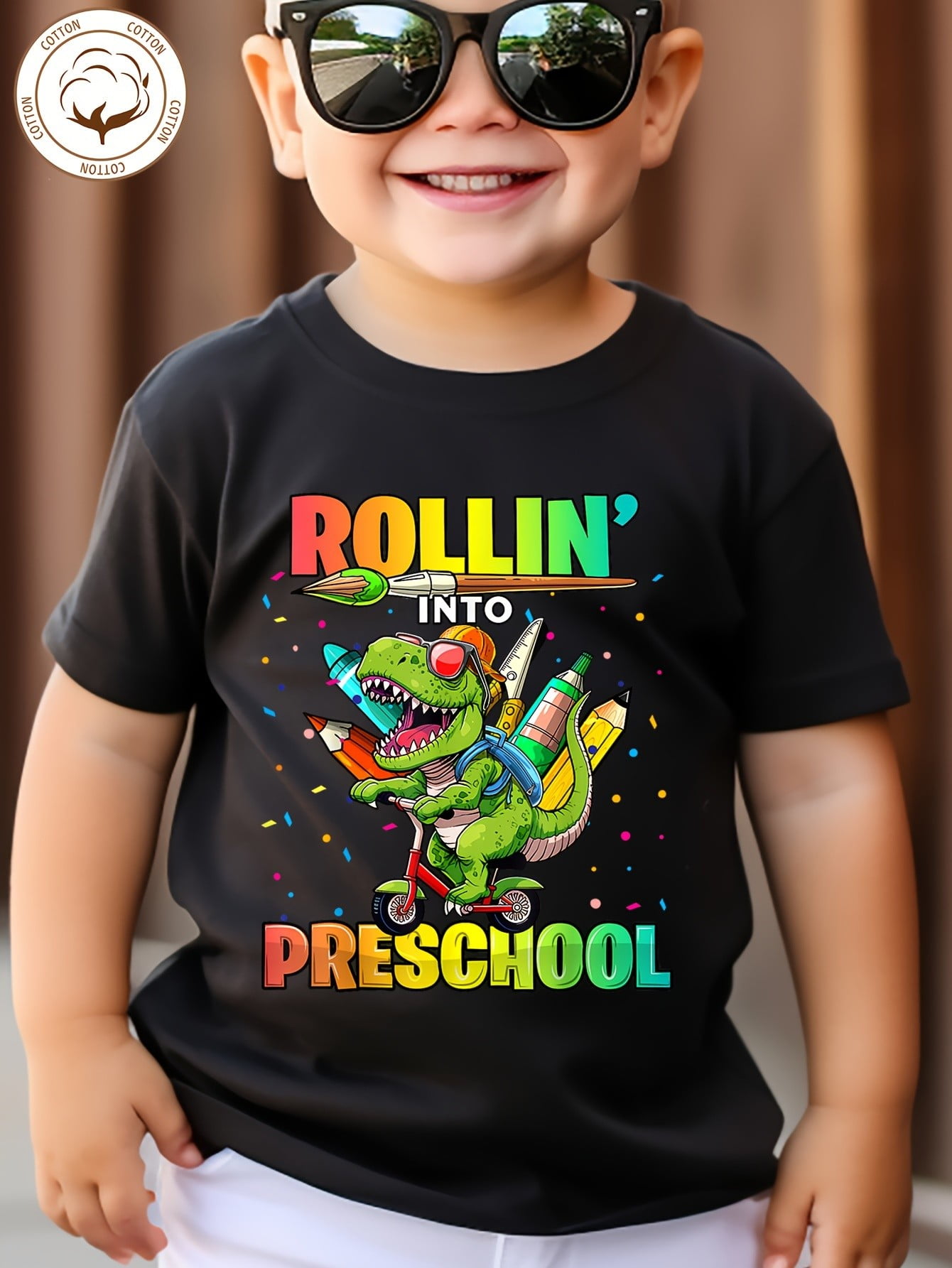Boys T-shirt Dinosaur Pencil Pattern and Colorful Letter Print Soft and ...