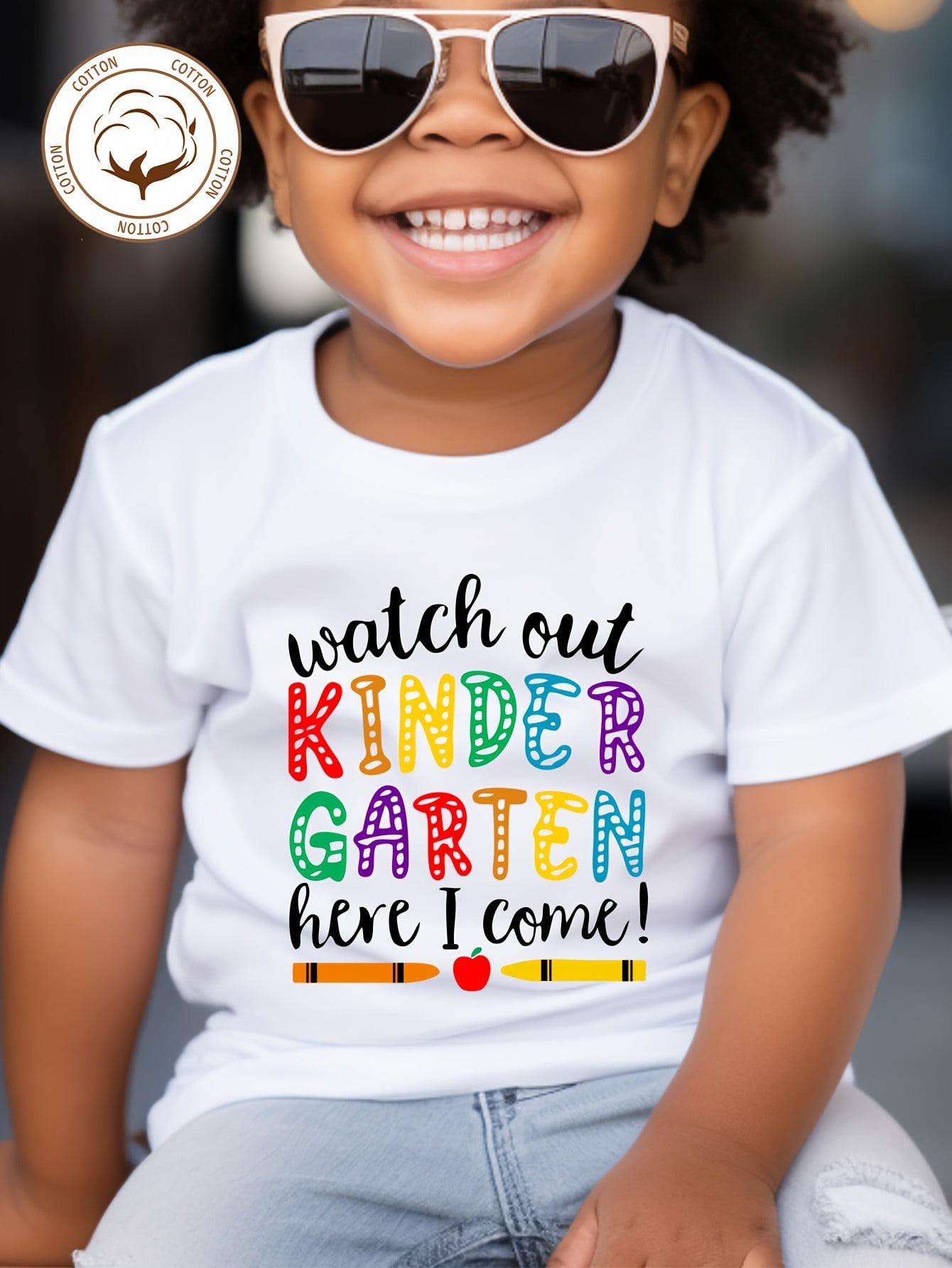 Boys' T-shirt with crayon pattern print and colorful letter print, soft ...