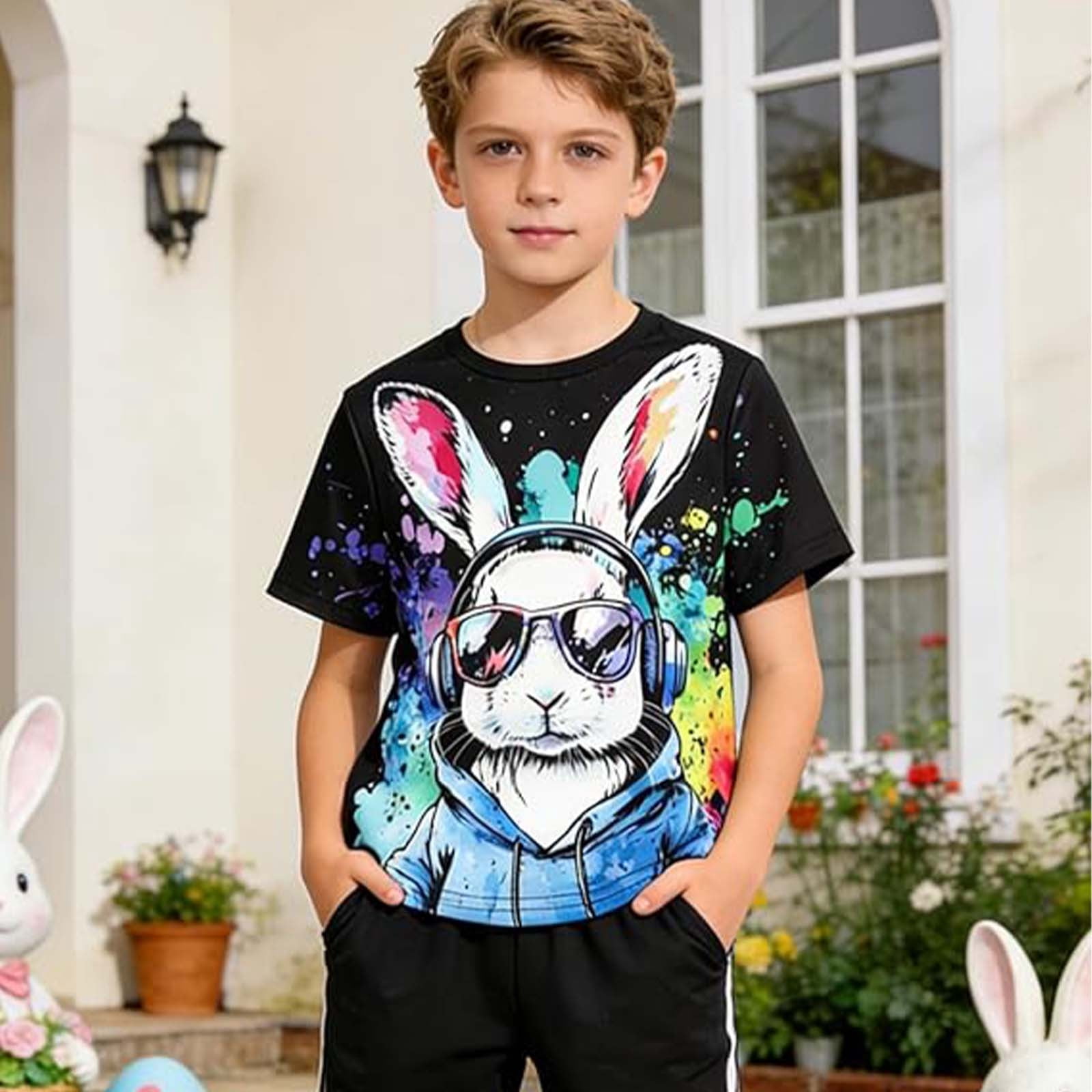 Boys T-shirts Short Sleeve Crewneck Bunny Print Graphic Tees Summer ...