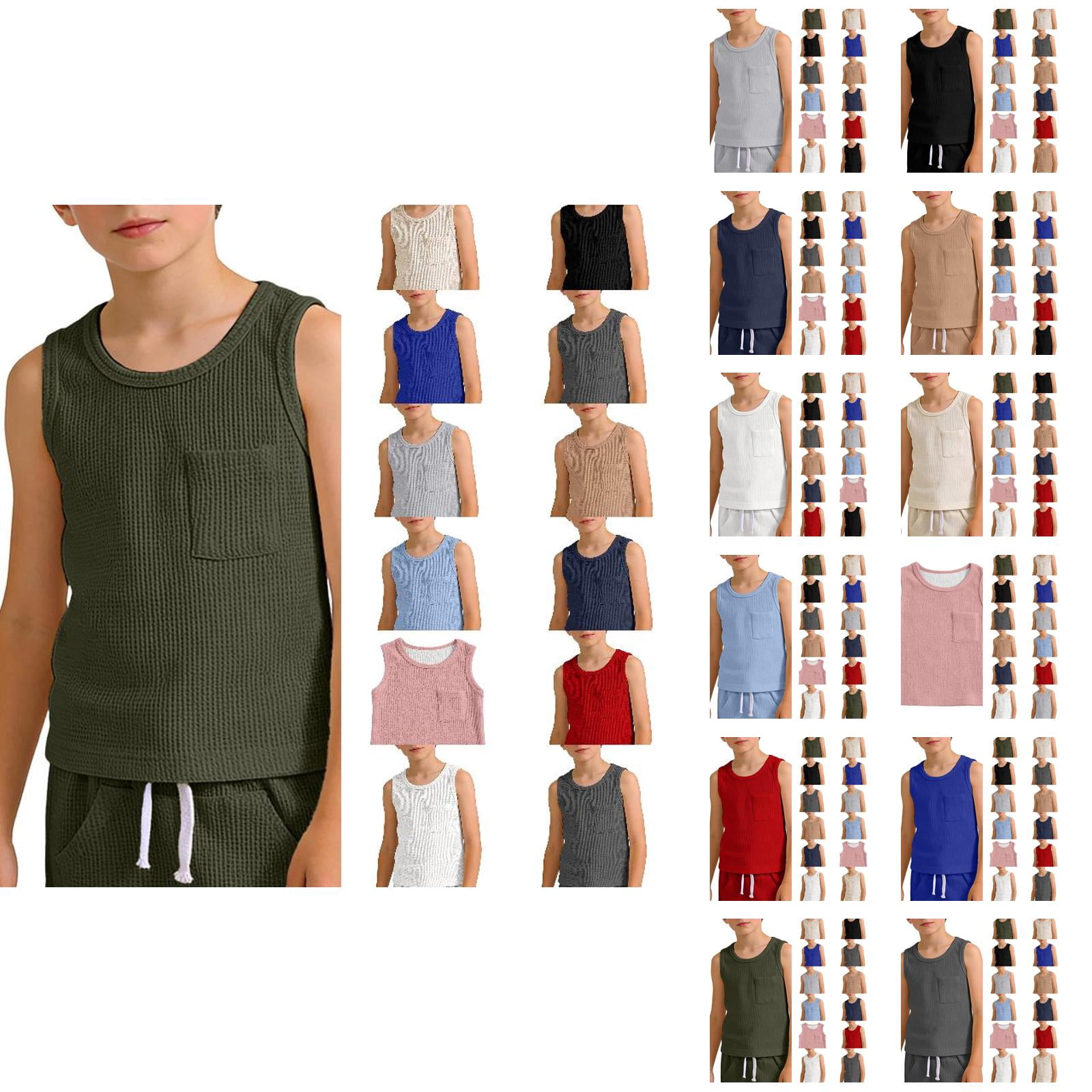 Boys Tank Tops Solid Color Sleeveless Round Neck Waffle Texture Chest ...