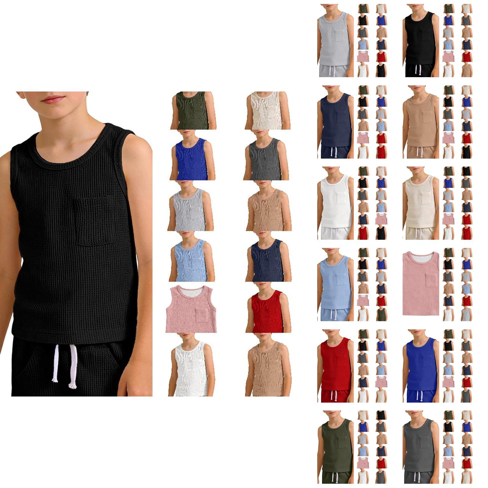 Boys Tank Tops Solid Color Sleeveless Round Neck Waffle Texture Chest ...