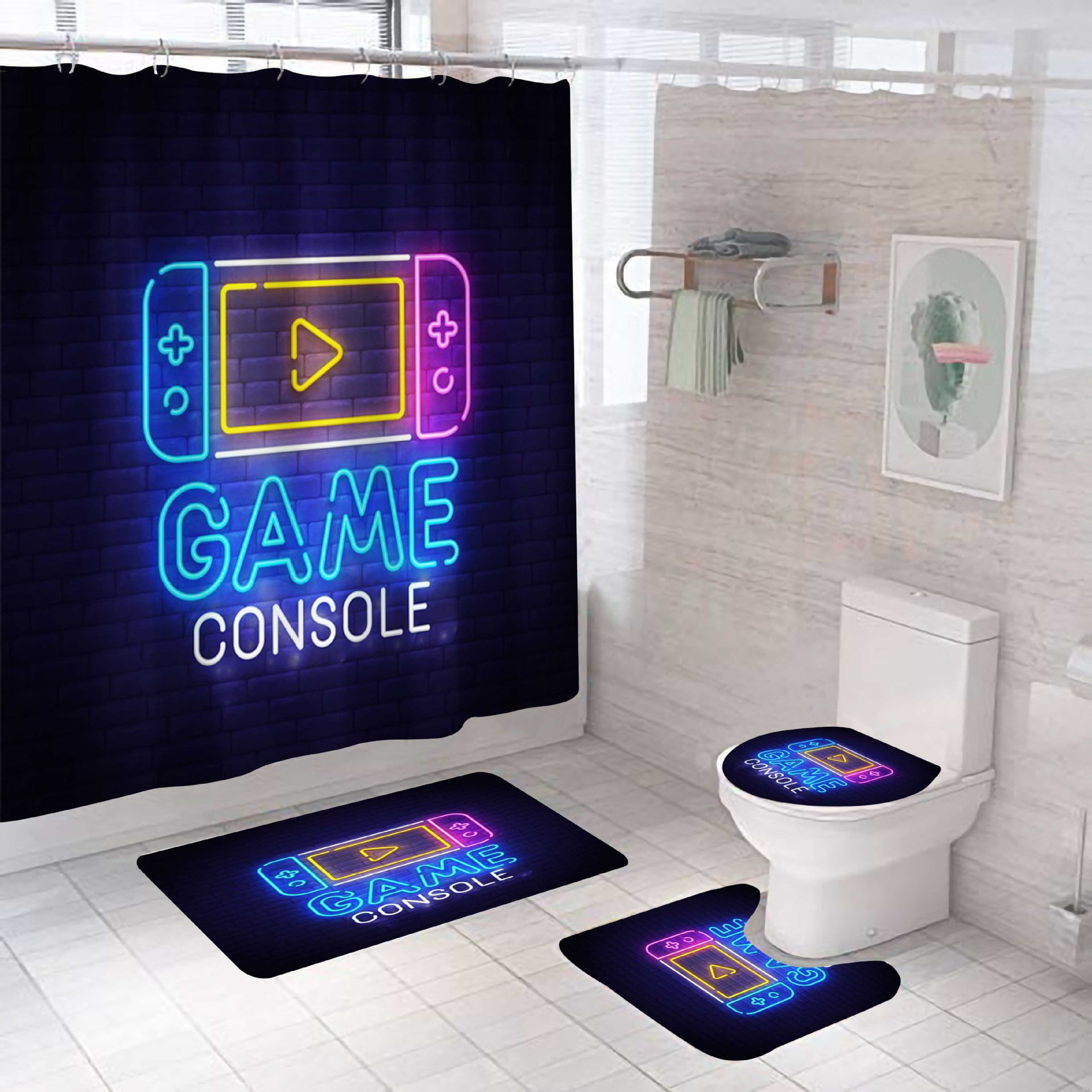 Boys Teal Gaming Shower Curtain Neon Video Game Controller Bathroom ...