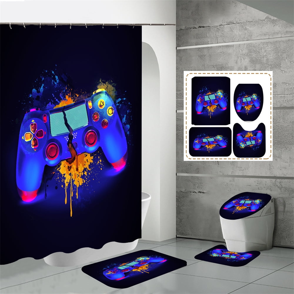 Boys Teal Gaming Shower Curtain Neon Video Game Controller Bathroom ...